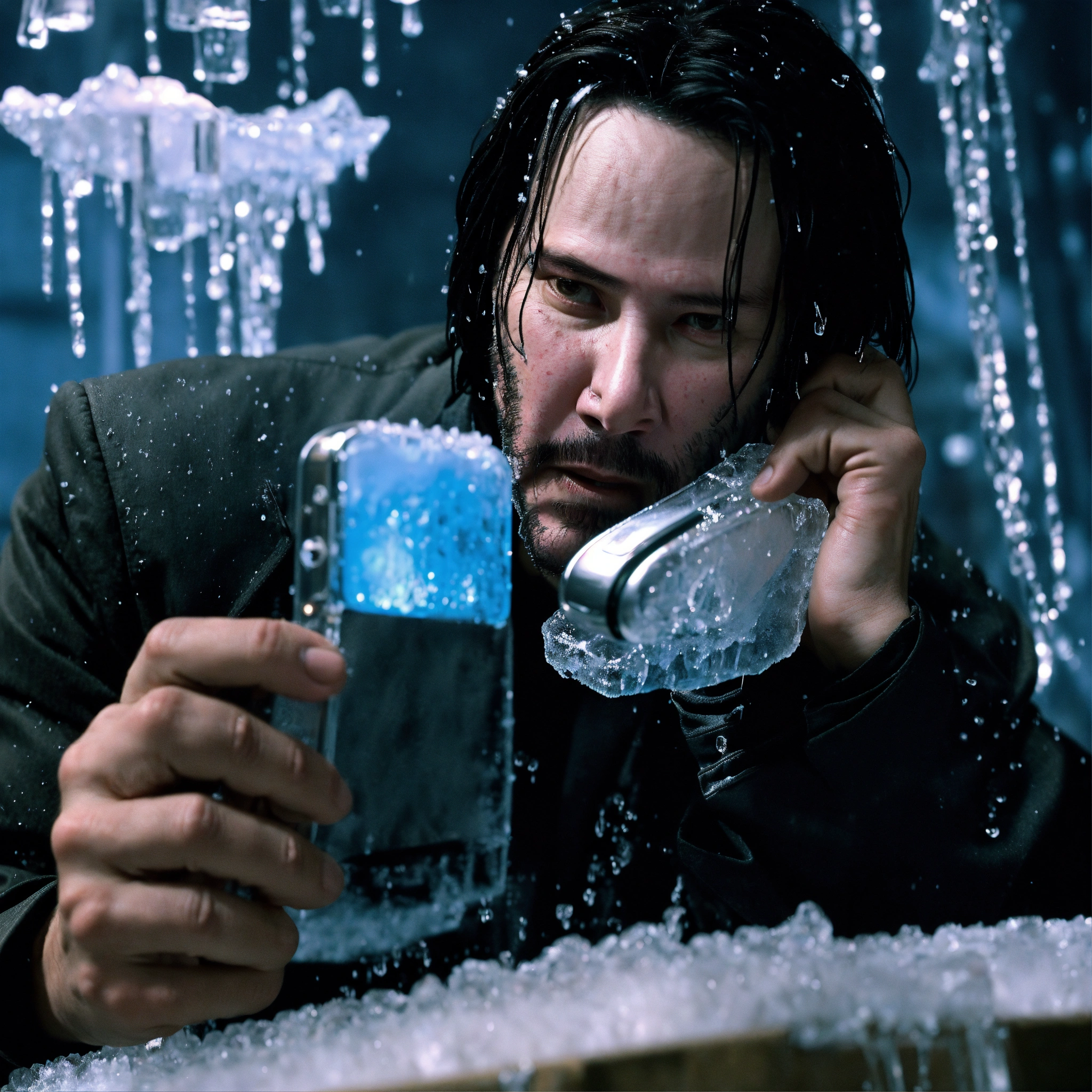 Lexica - Keanu Reeves as Neo from the matrix is frozen, he is calling ...