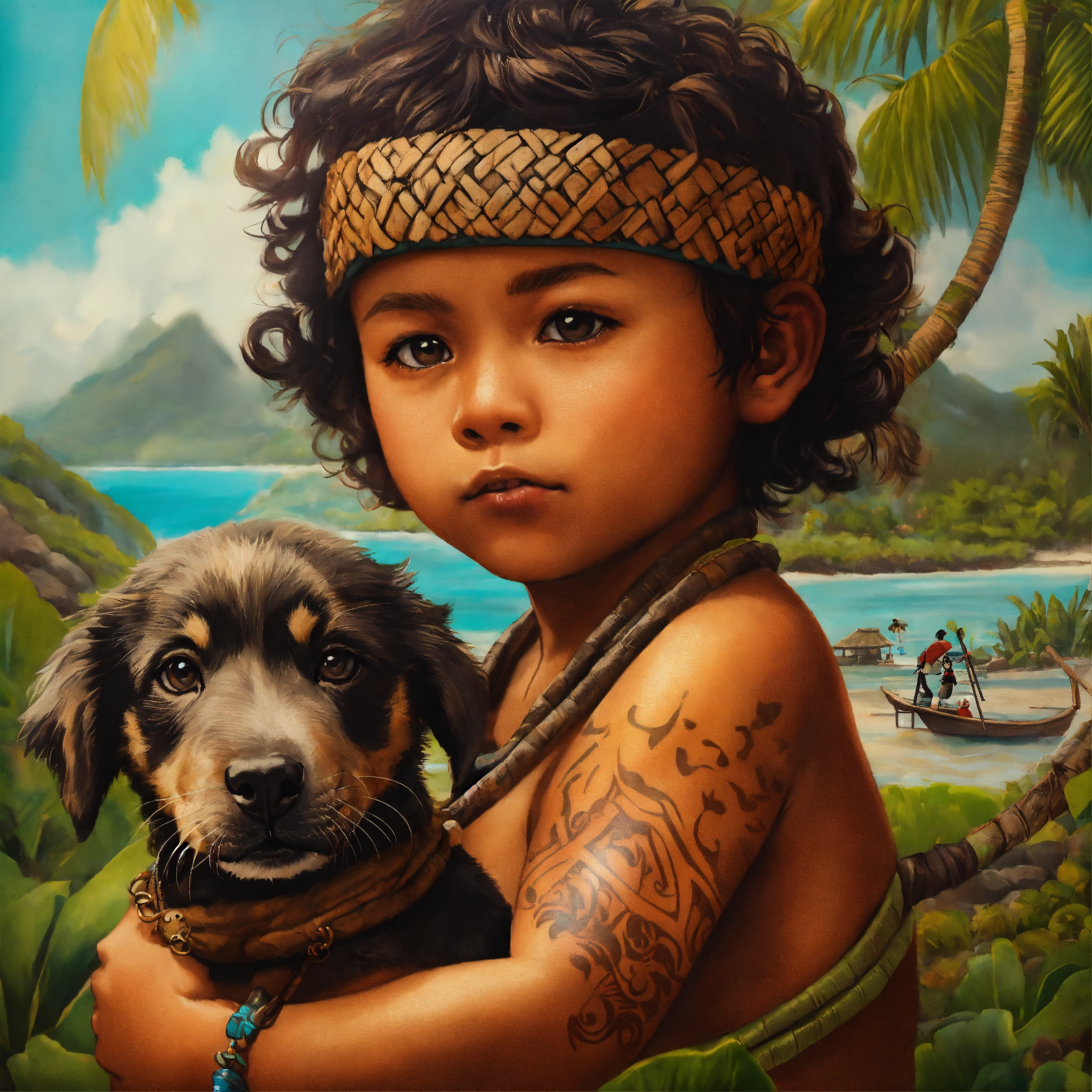 Lexica - Tahitian child playing with dog. Marquesan tattoo. Hyperealistic