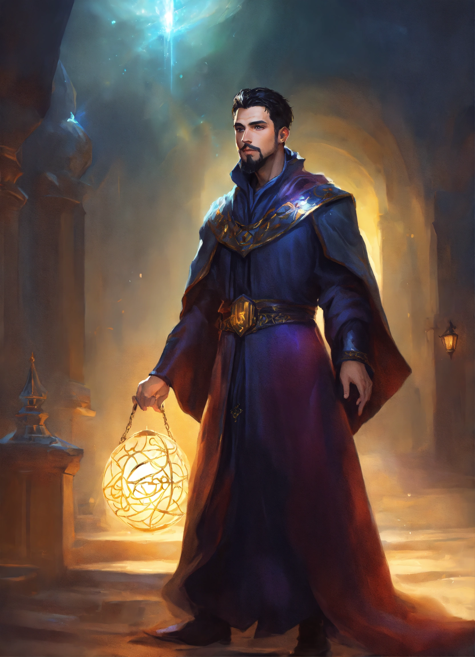 Lexica - Dark short hair, french goatee, wizard robes white light ...