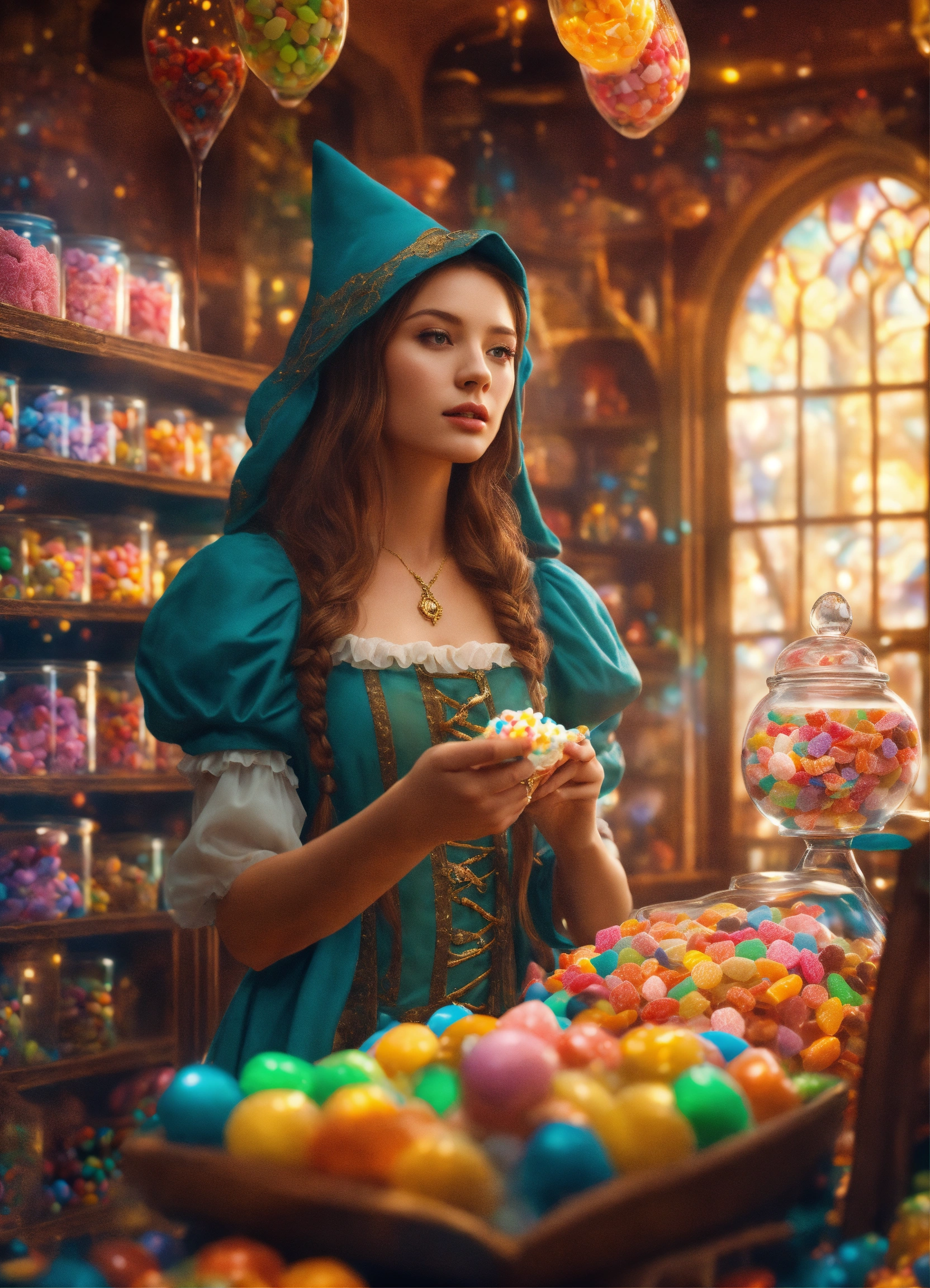 Lexica - Beautiful wizard girl conjuring in a fairy tale candy shop ...