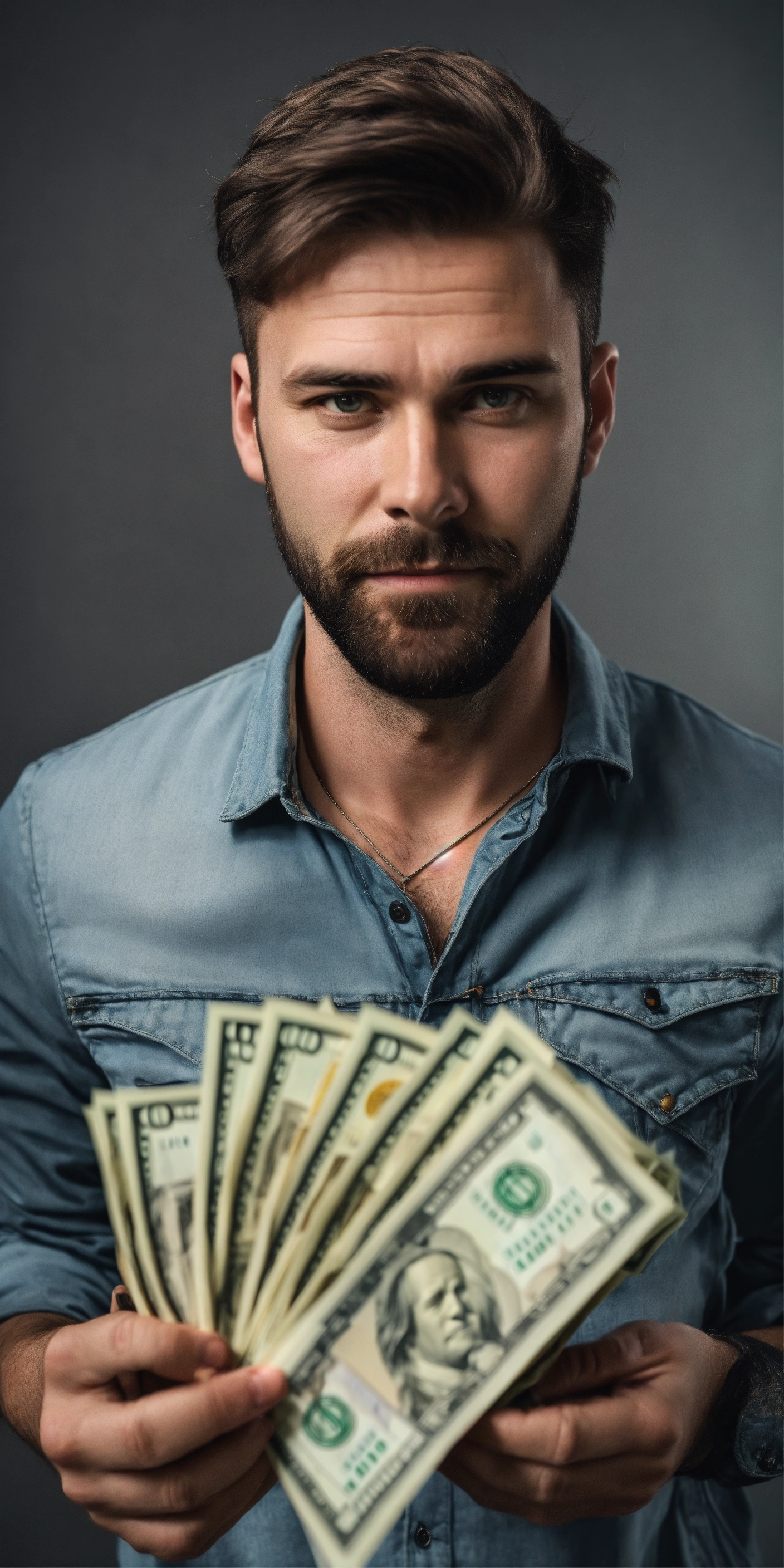 Lexica - A guy in his 30s is holding a big pile of cash dollars. The ...