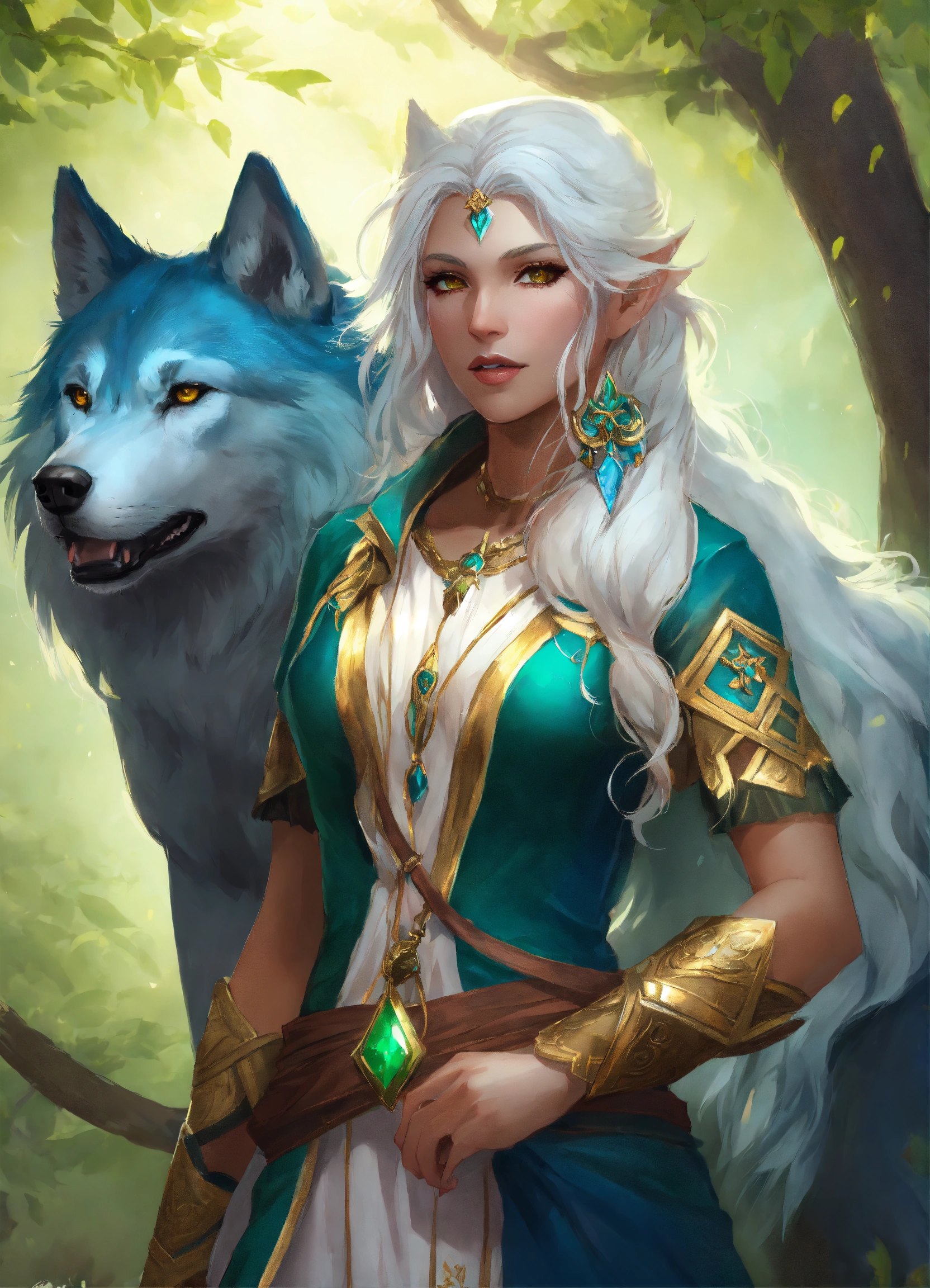 Lexica - Aasimar, female, Druid, gold eyes, white hair, blue-green skin ...