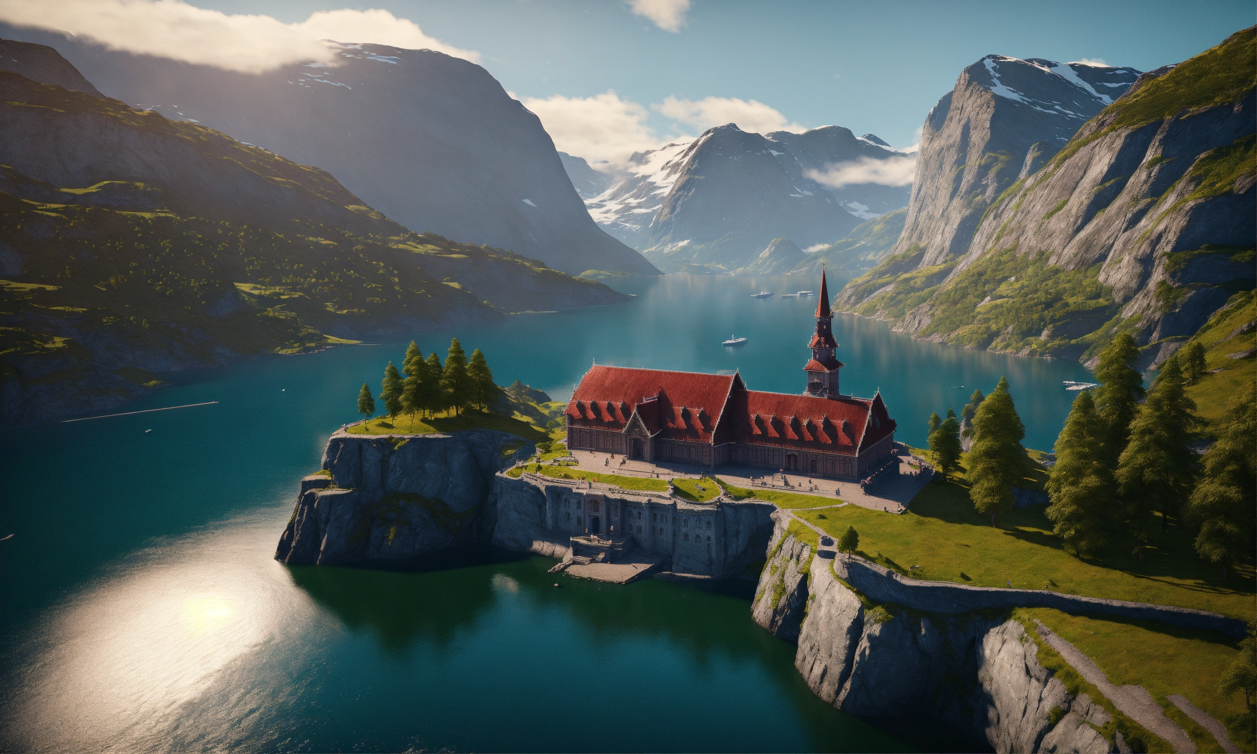 Lexica - Full image of a massive royal palace with a maroon roof on a cliff overlooking a Fjord ...