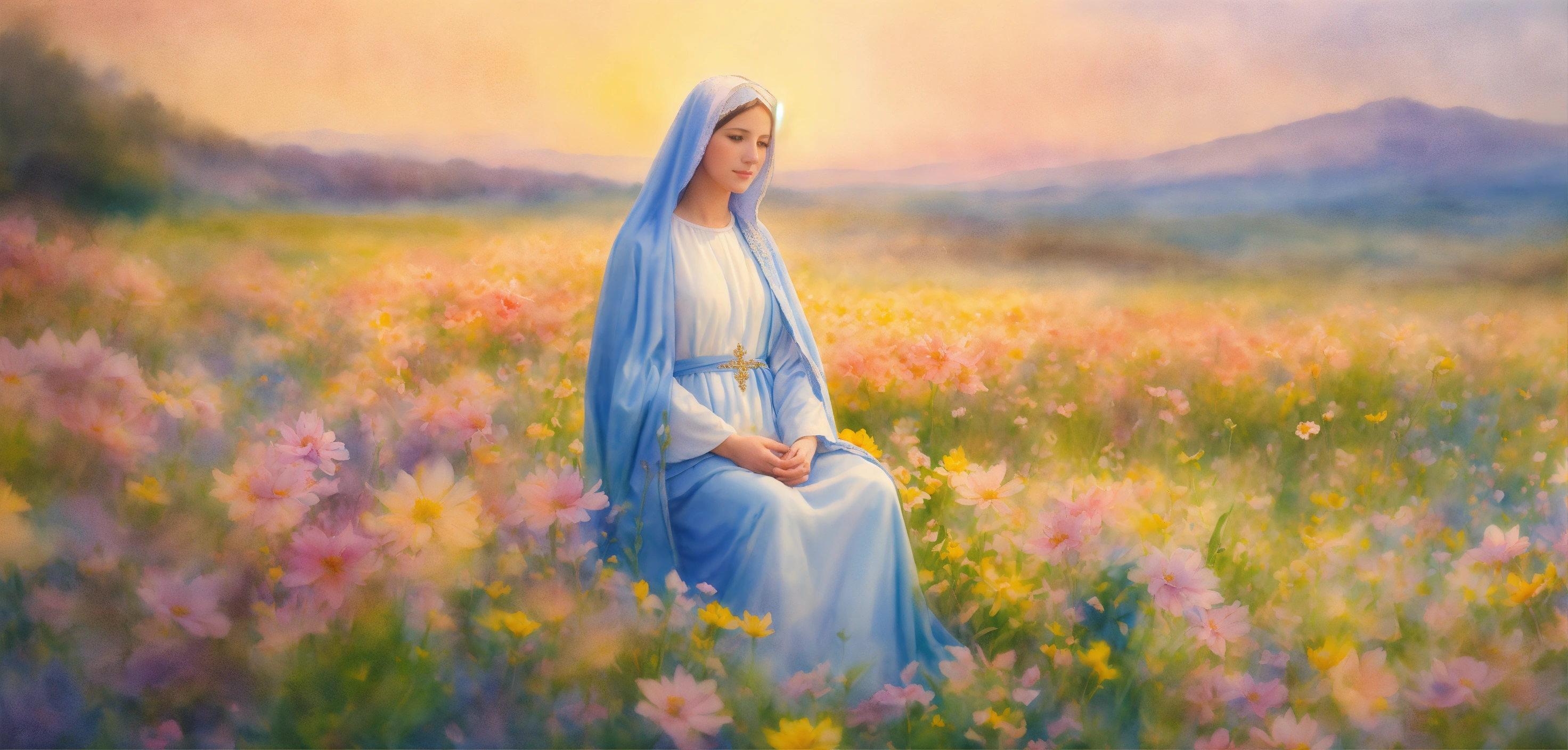 Lexica - Stunning portrait of Mother Mary in aquarelle style in a field ...