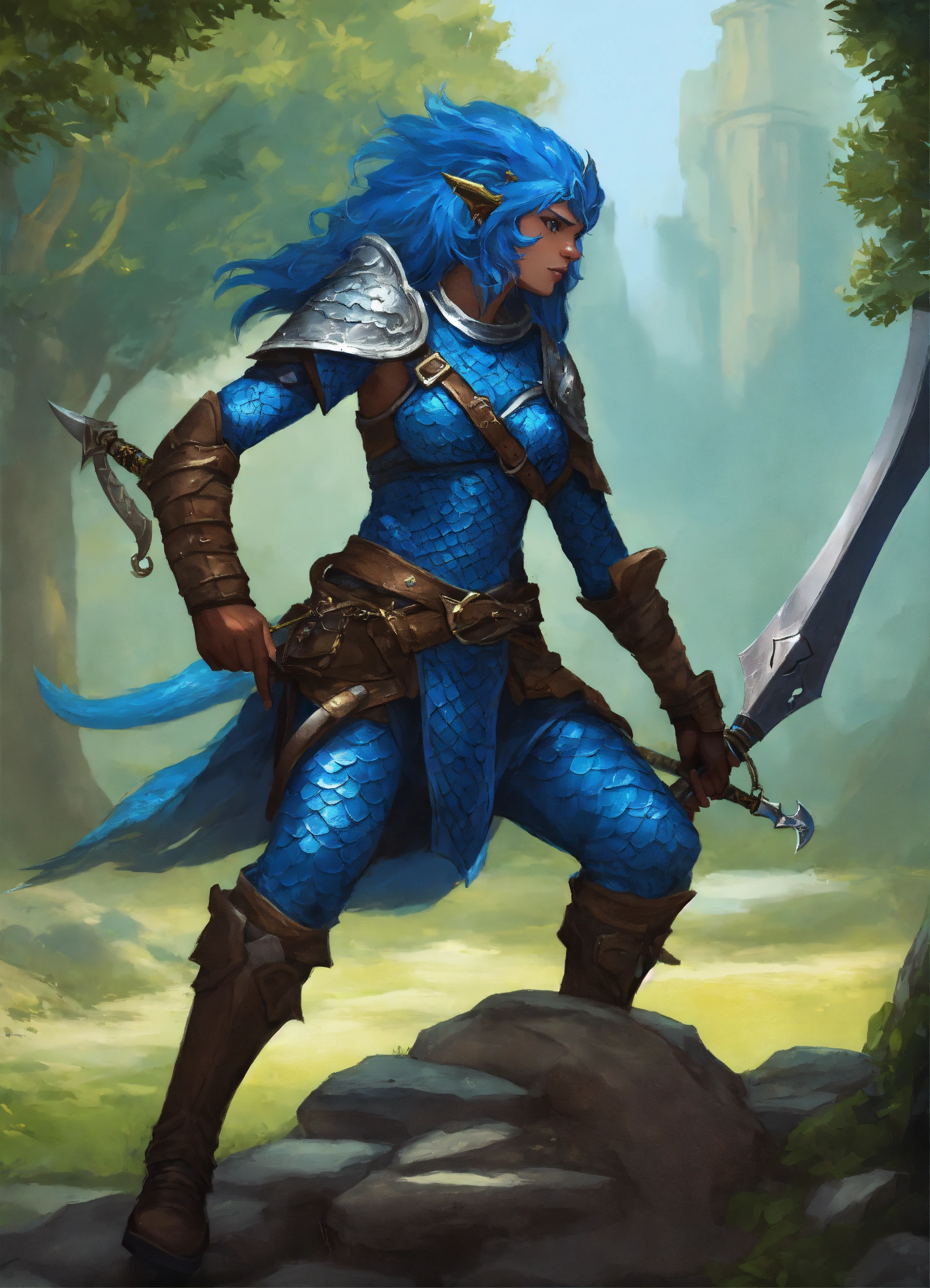 Lexica - Dragonborn, blue scales, female, swinging a glaive, fantasy ...