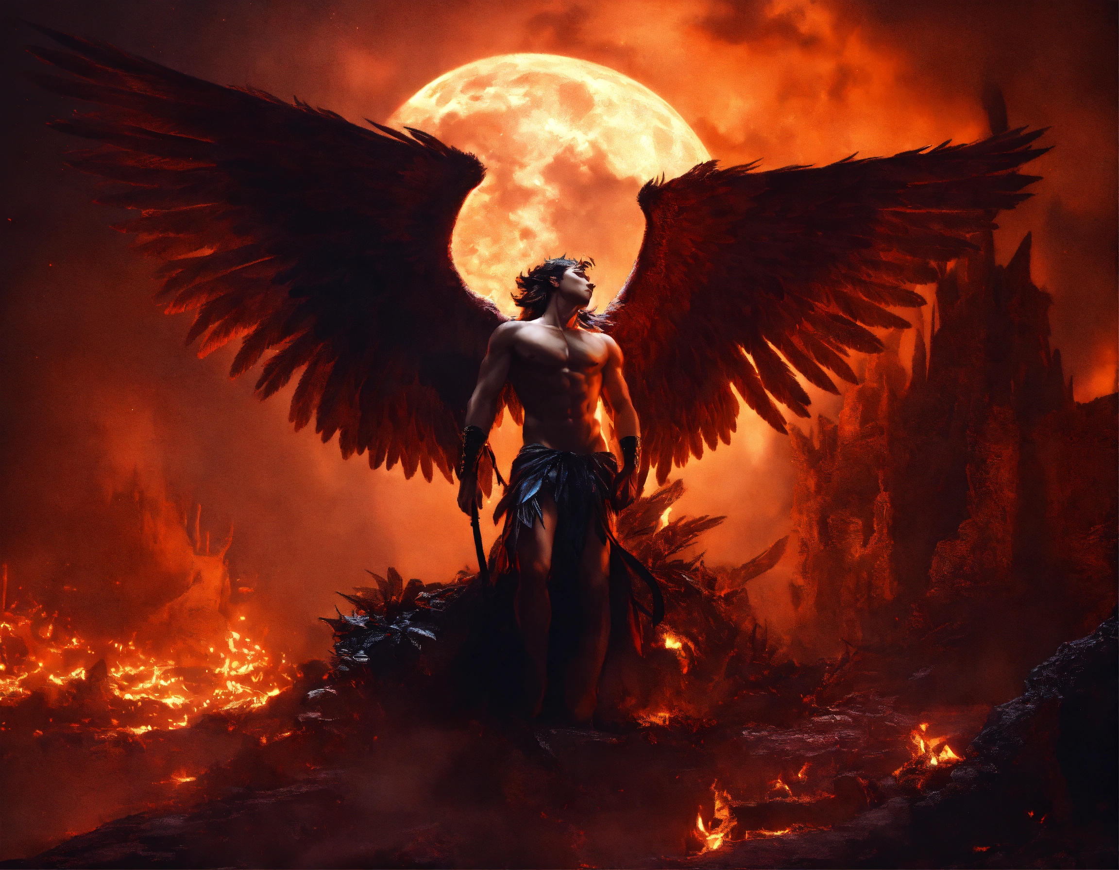 Lexica - Tempted fallen angel with feathered wings in Hell, illuminated ...
