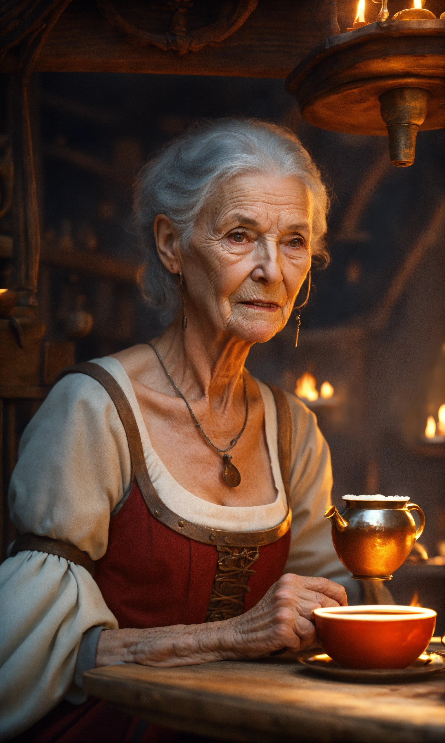 Lexica - A kindly old woman. She has fiery red eyes. She is sitting at ...