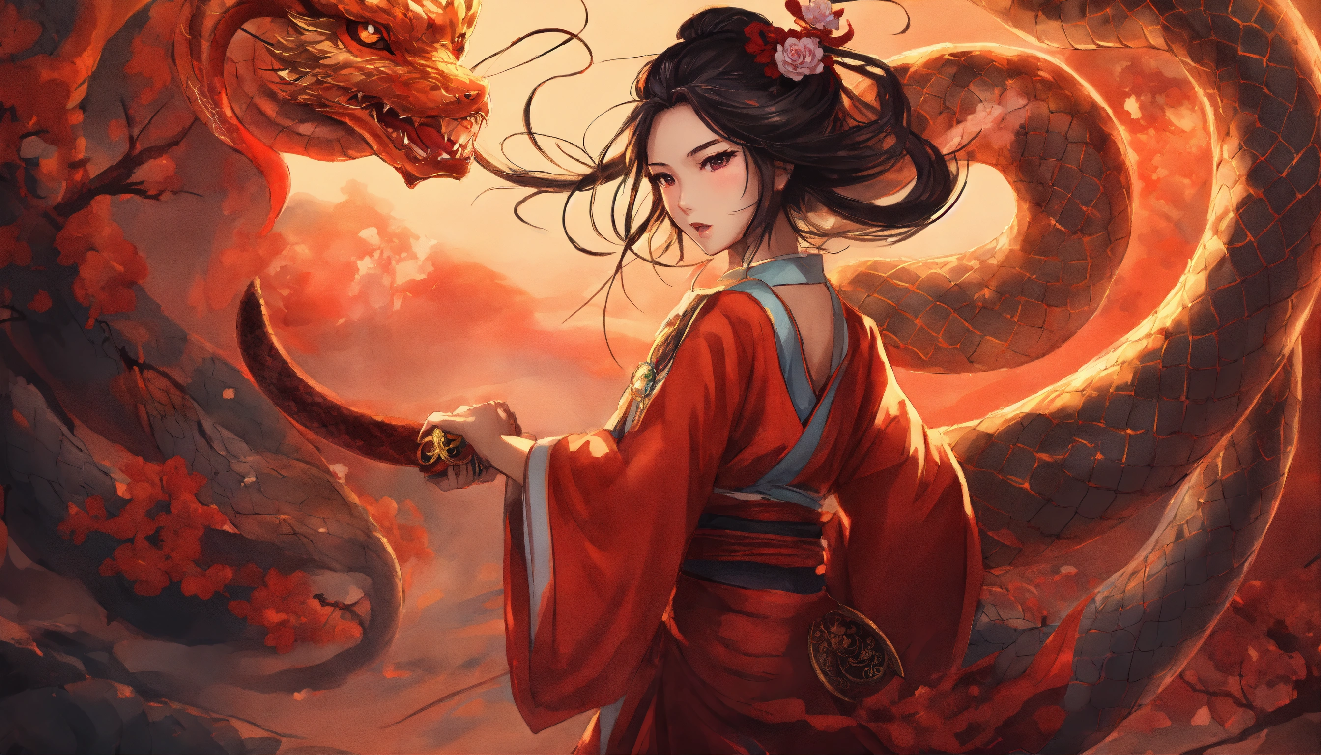 Lexica - Girl Asia fantasy Japan dynamics fights the demon snakes hand drawn style 8к