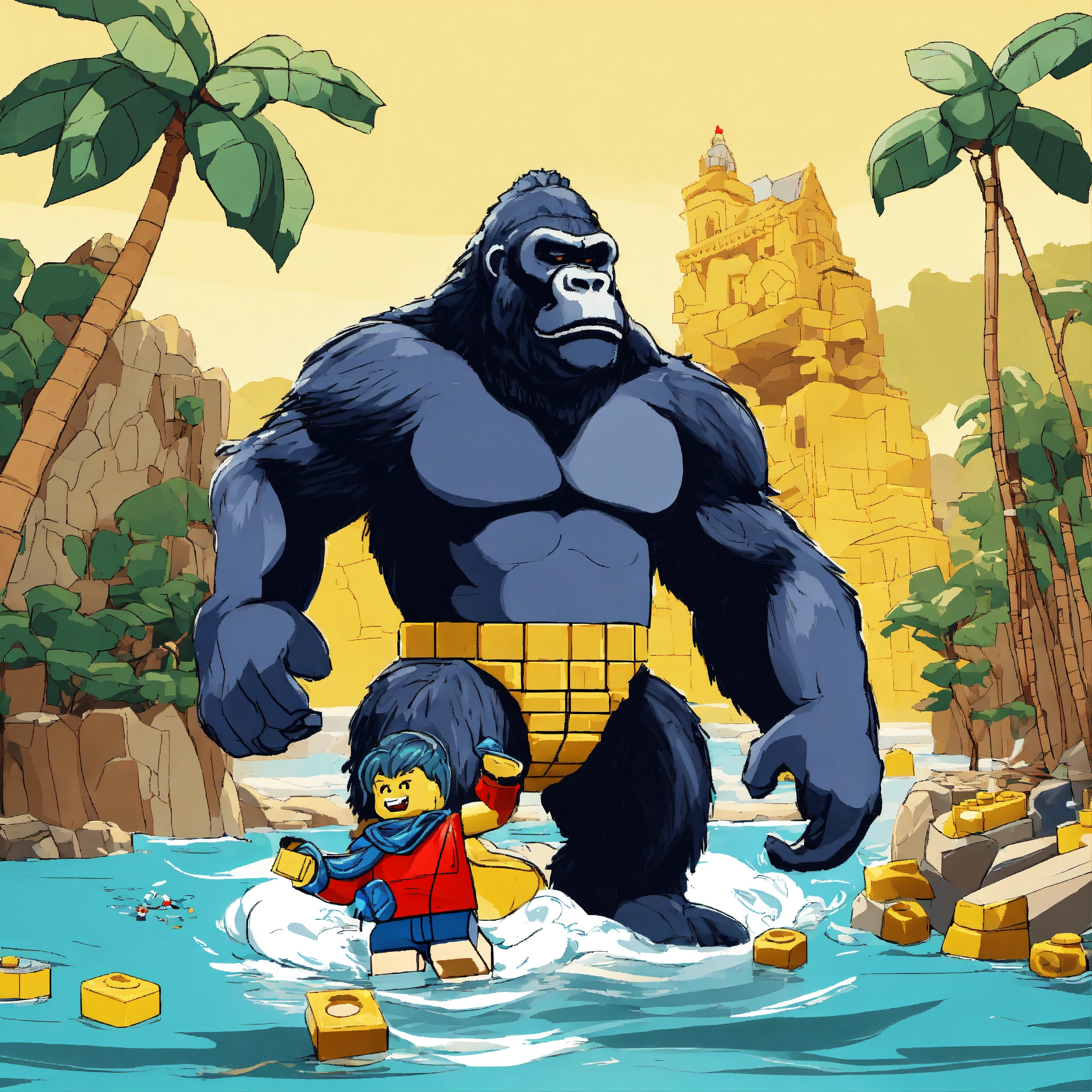 Lexica - King Kong in Swimming costumes playing lego in cartoon style