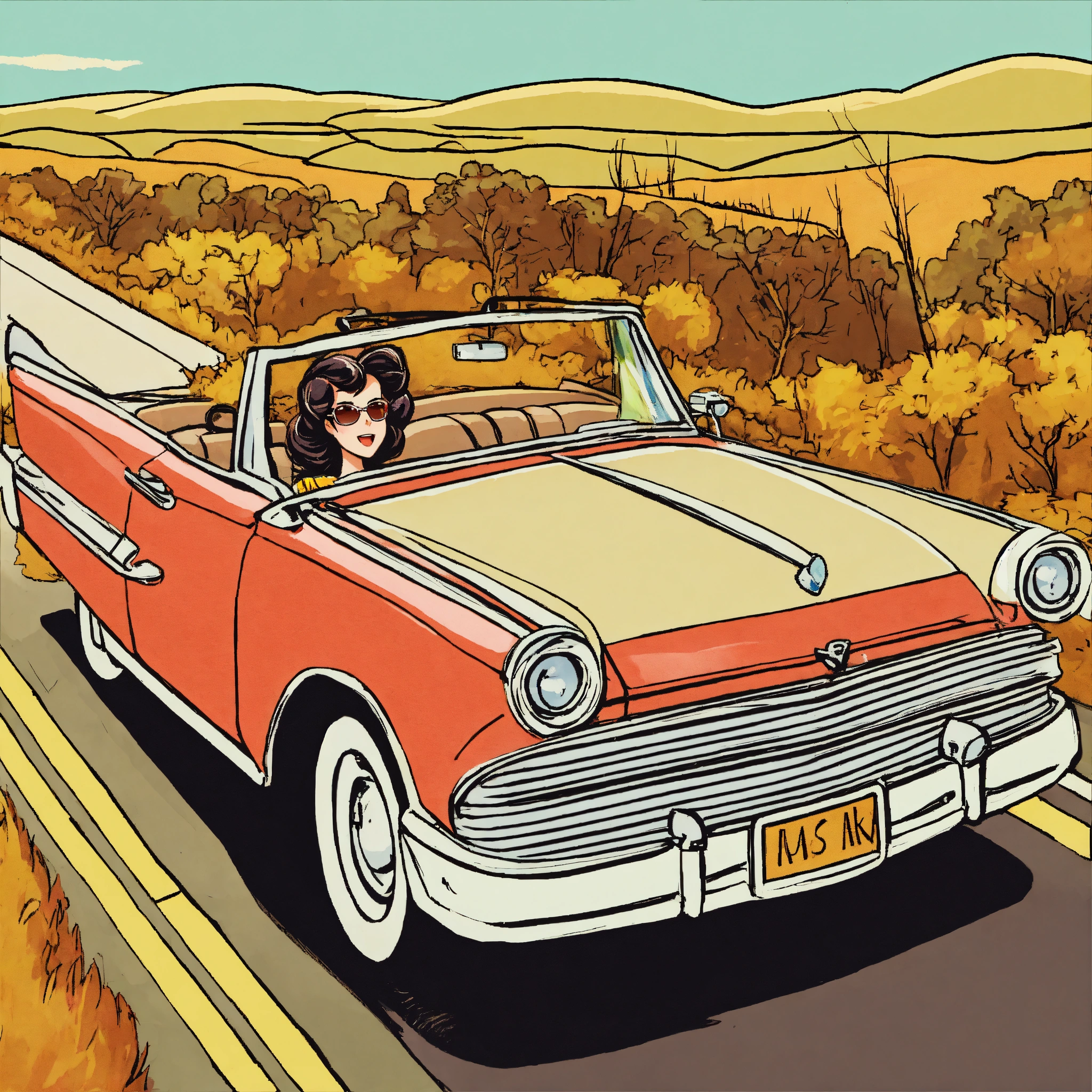 Lexica - Cartoon of a woman in a convertible old school car driving at us