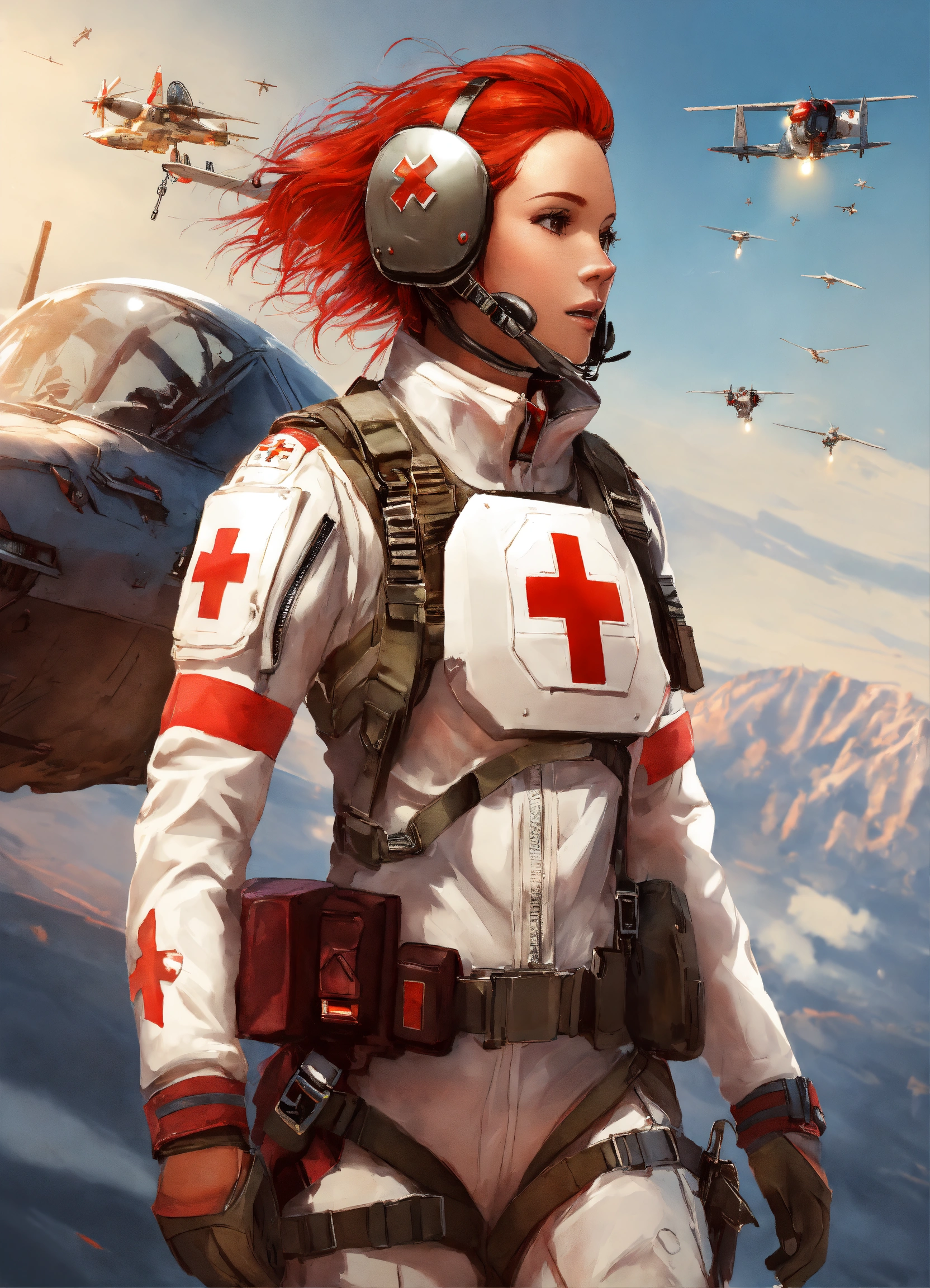 Lexica - Female red hair athletic wearing white metal fighter pilot ...