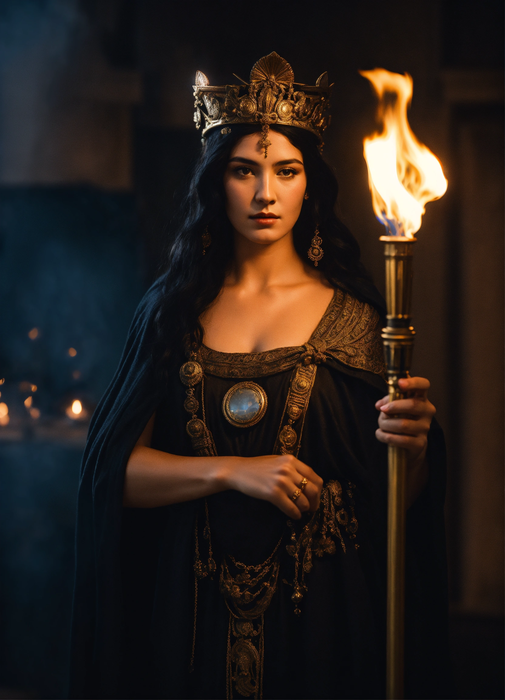 Lexica - Greek goddess Hecate holding a torch, black hair, flowing ...