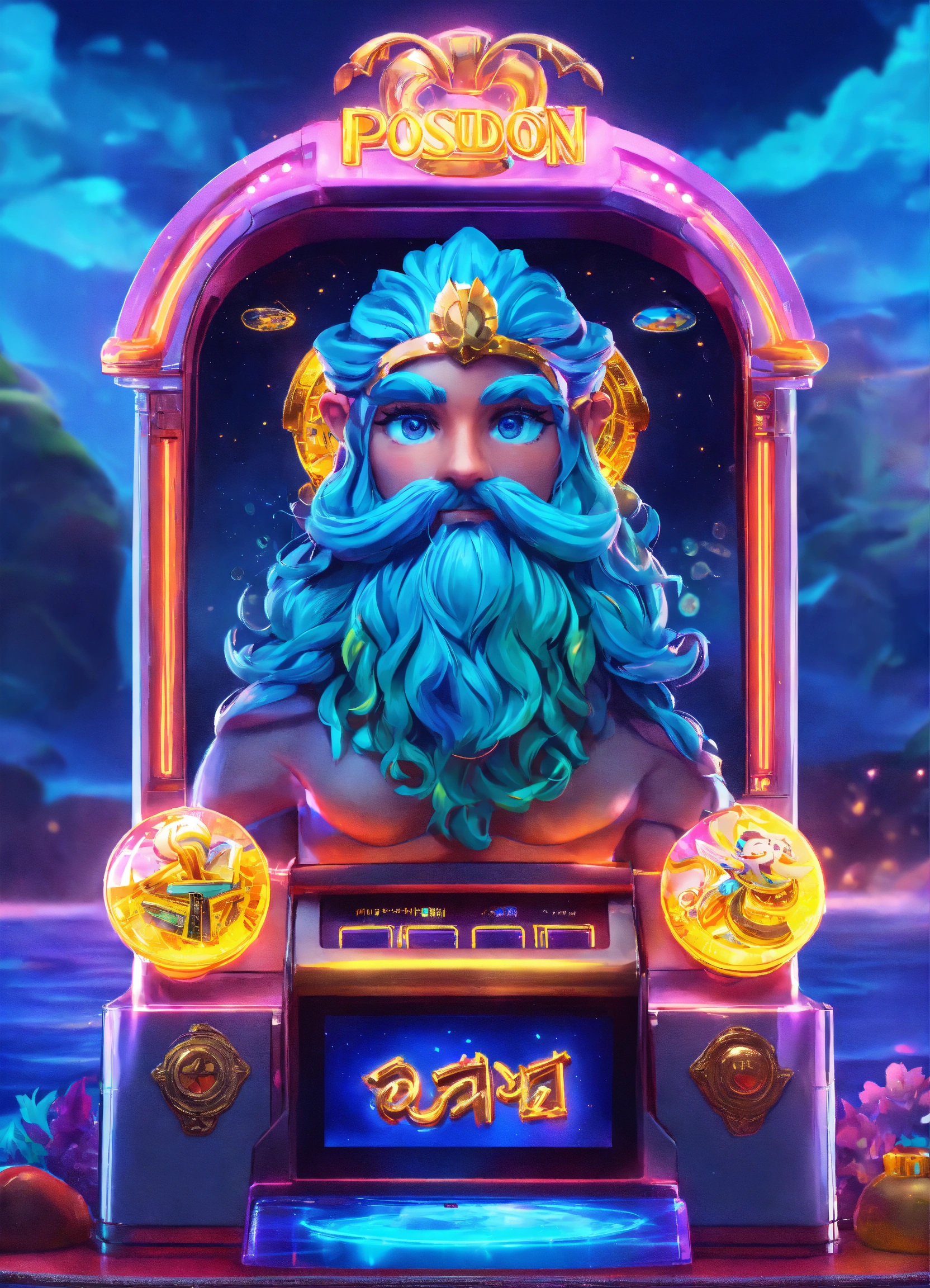 Lexica - Cutie Q version character poseidon ，slot machine 8k with neon ...