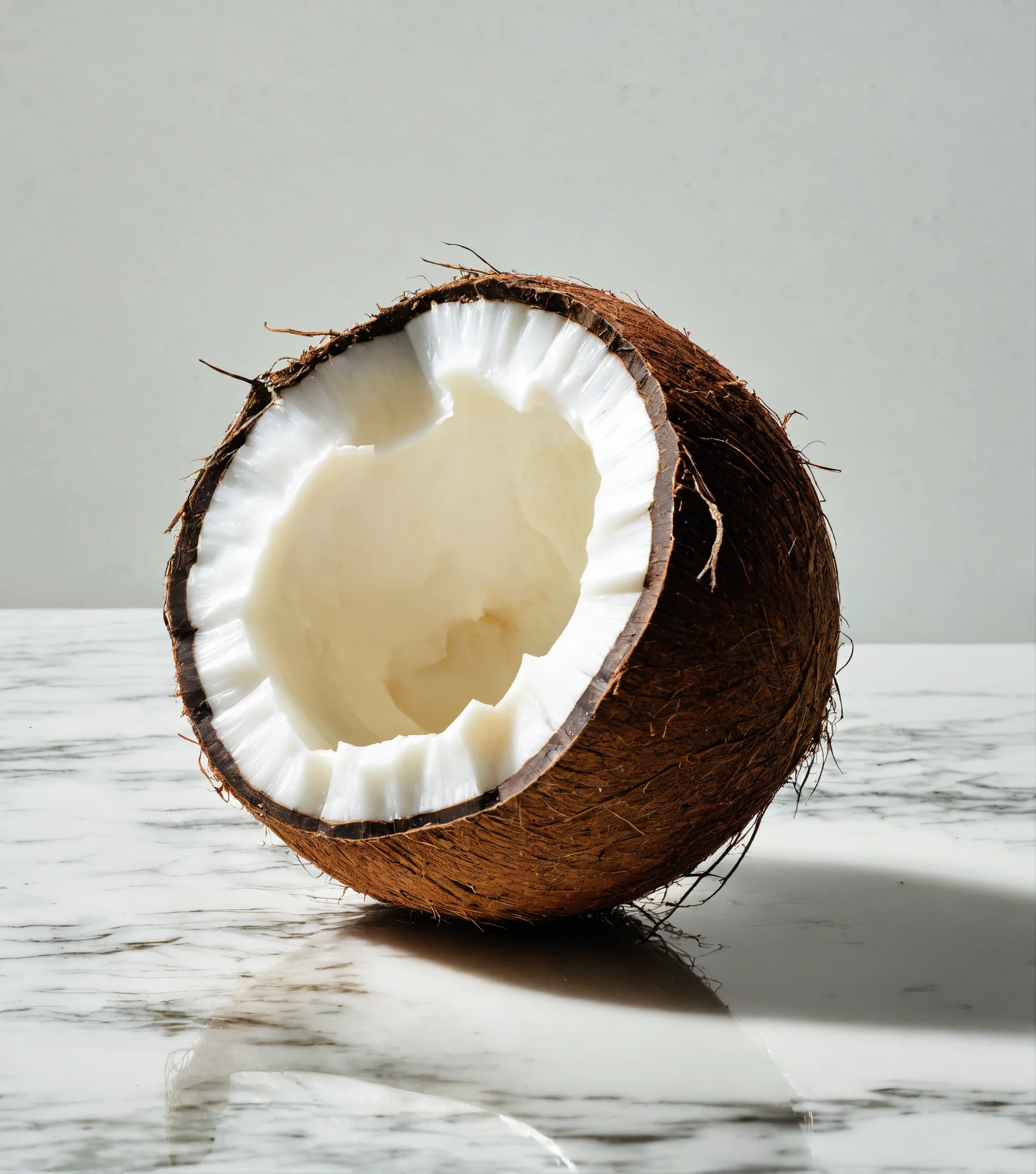 Lexica - An intact circular coconut, with a milky background and completely empty,