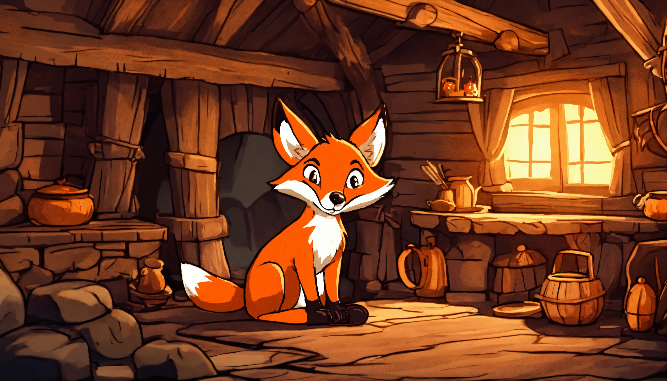 Lexica - Cartoon style scared fox is sitting near the medieval-style ...