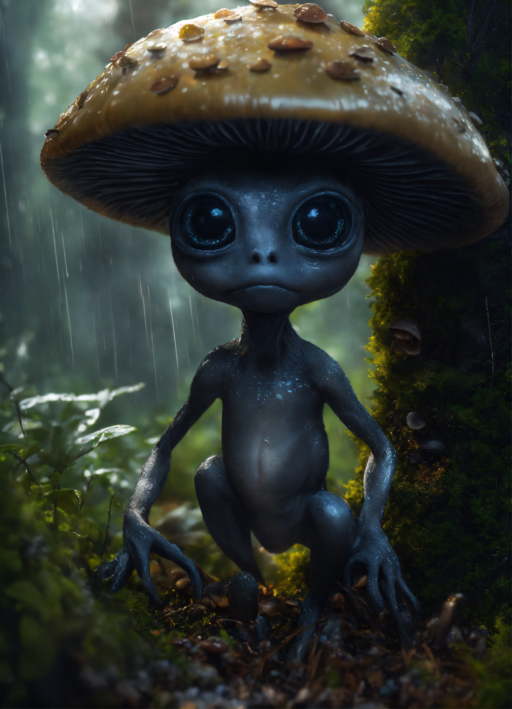Lexica - A realiste grey alien , big eyes blacks , mushrooms in trees ...