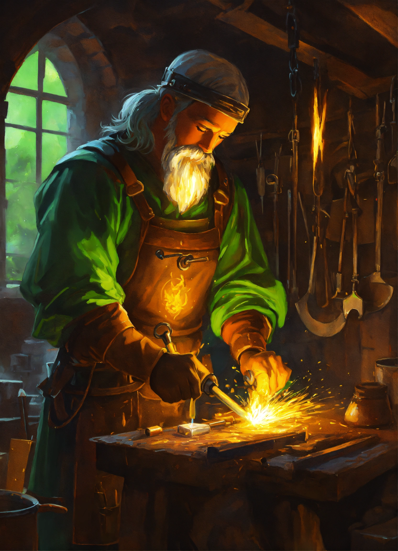 Lexica - Fantasy painting of Medieval Blacksmith, forging a green ...