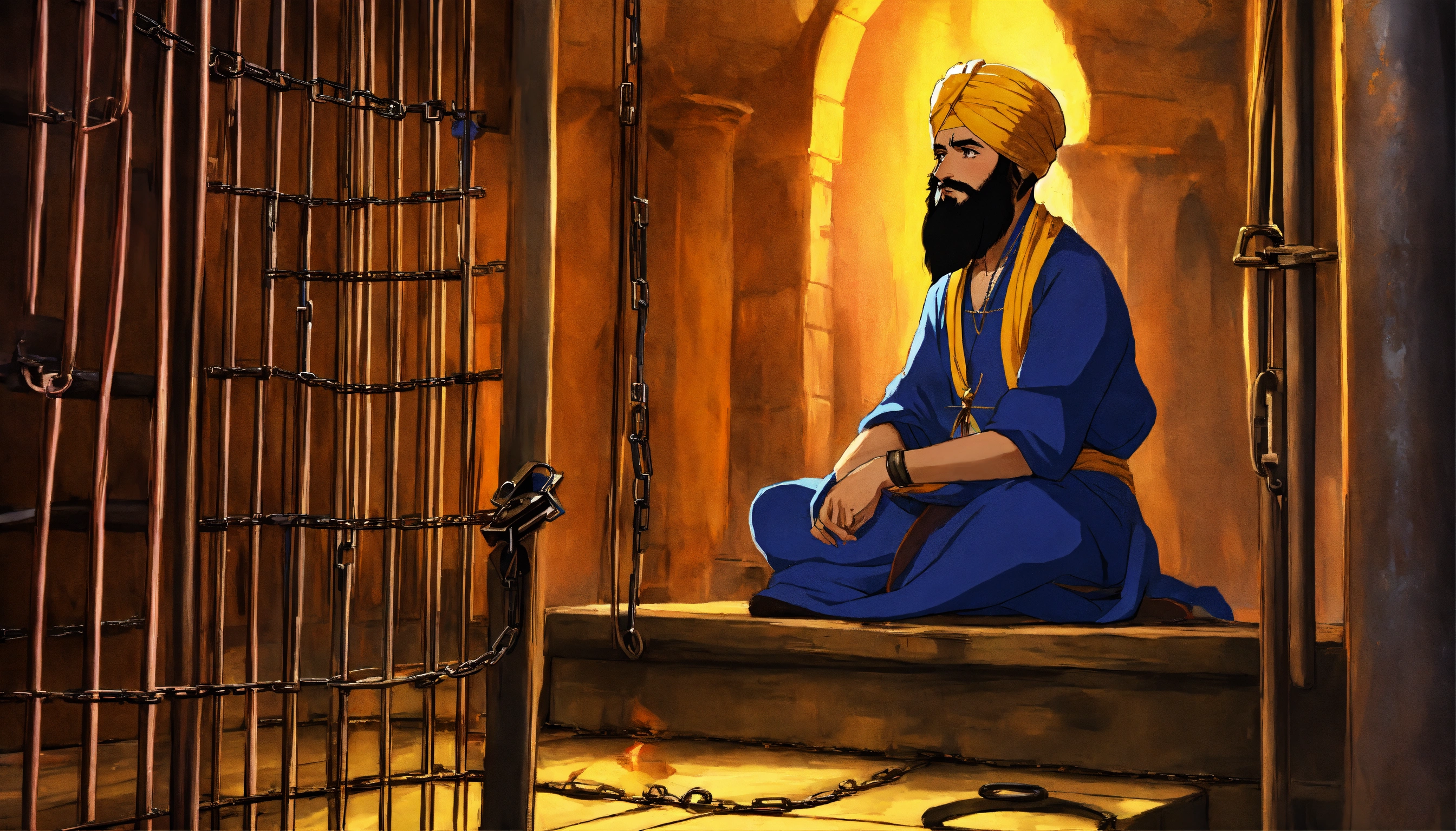Lexica - A anime style picture of imprisoned sikh guru banda bahadur in ...