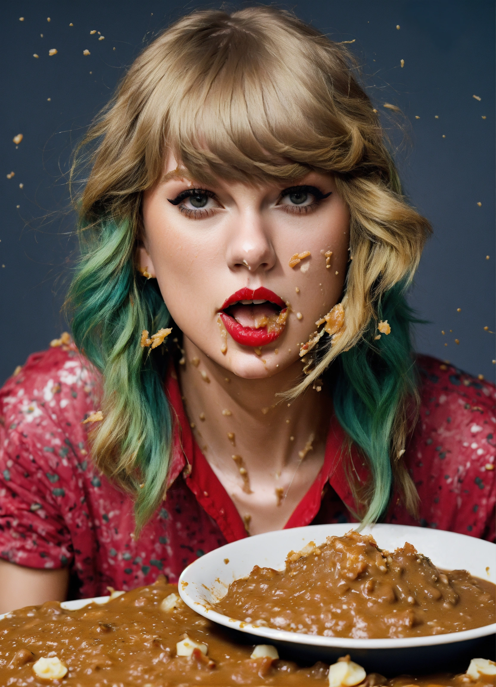 Lexica - Photo realistic shot of taylor swift eating a pile of slop ...