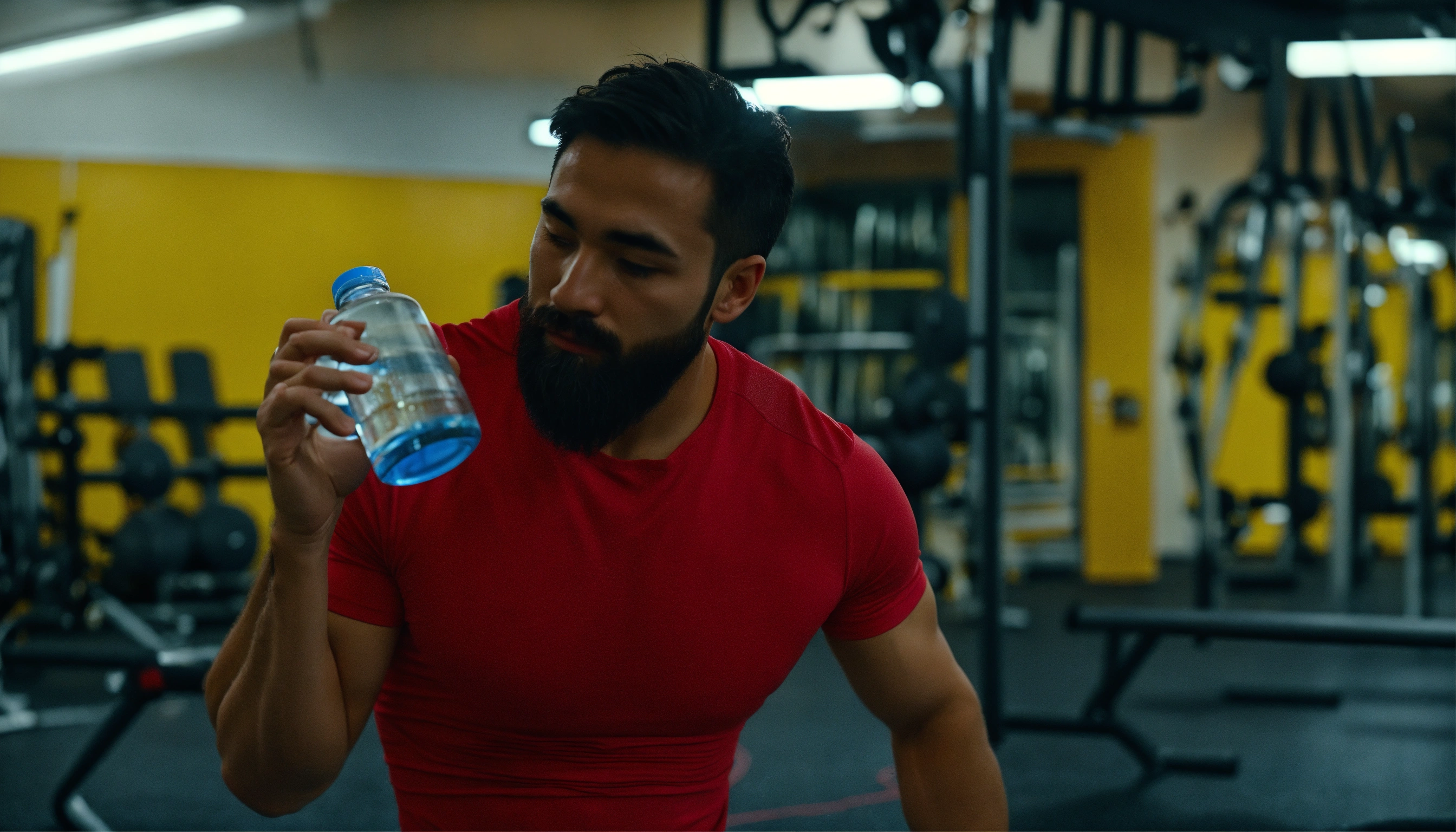 Lexica - A motivated personal trainer drinking water in a gym.