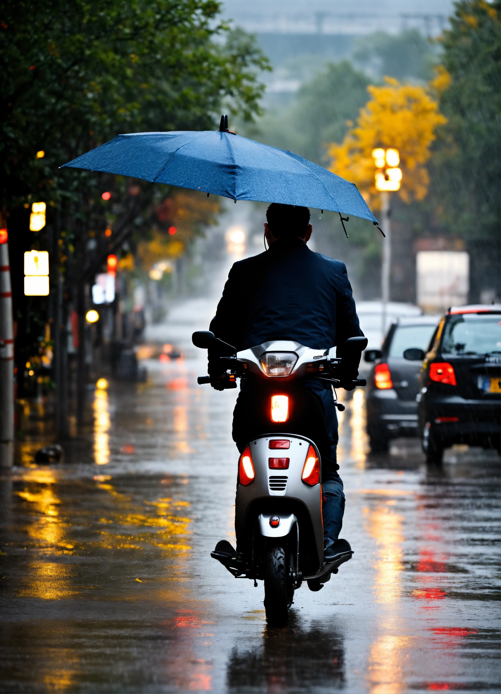 Lexica - A man trying to start hardly scooter in rain