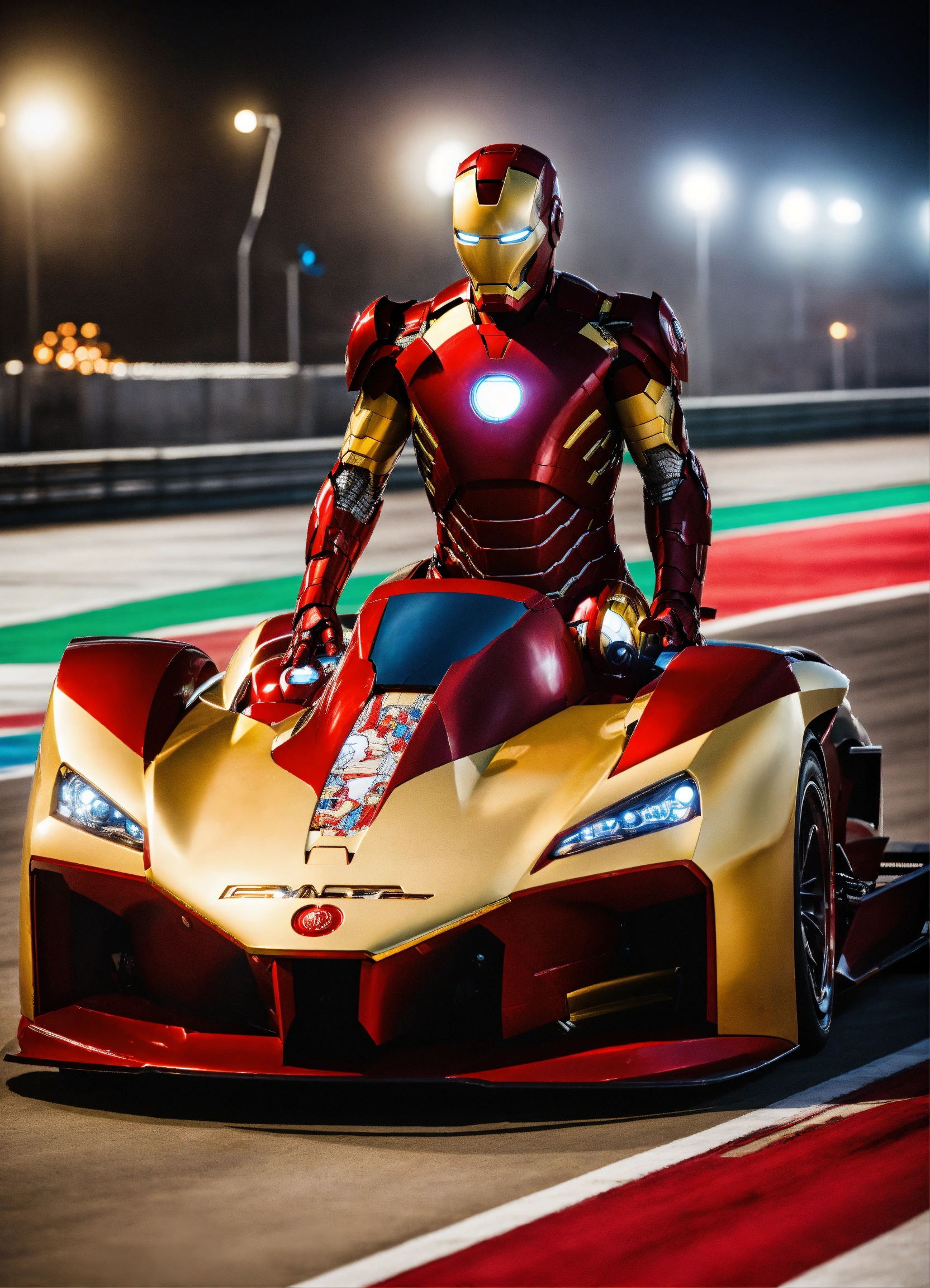 Lexica - Herói iron man, em pé, próximo ao carro de fórmula 1, em uma ...