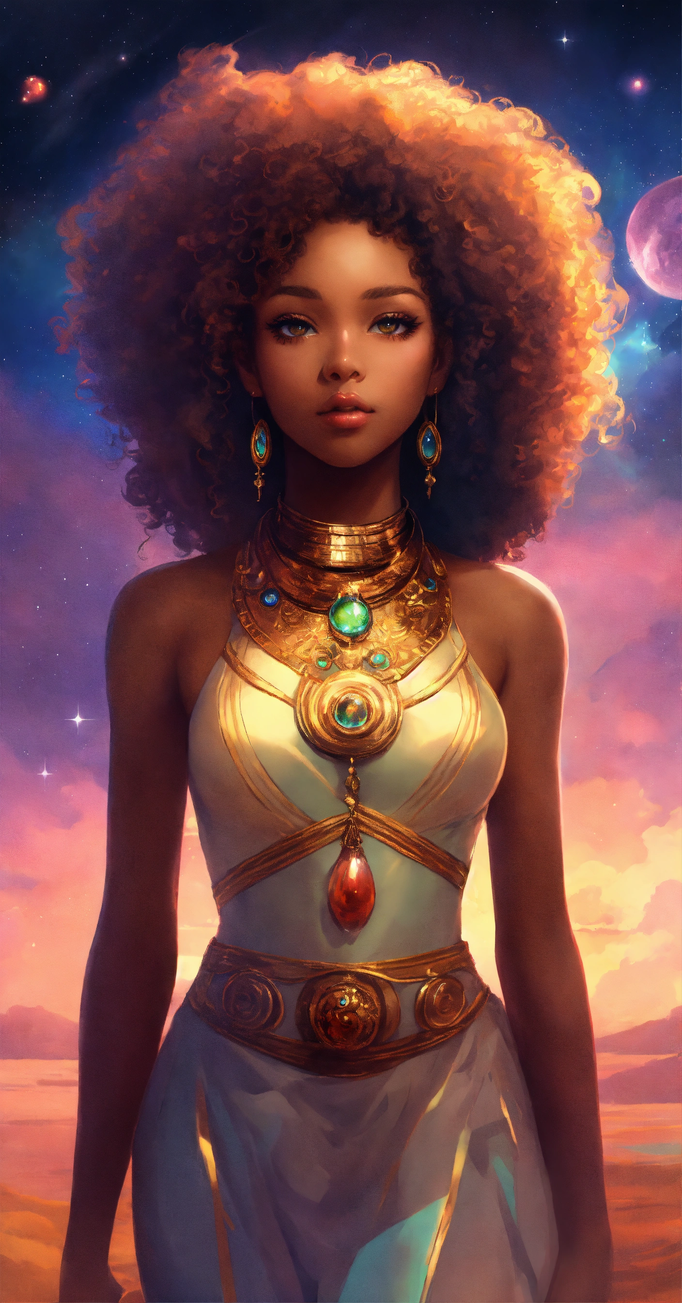 Lexica - Cute waifu, enigmatic Nubian goddess, afro-futurism, big amber eyes, hazel eyes, cherry ...
