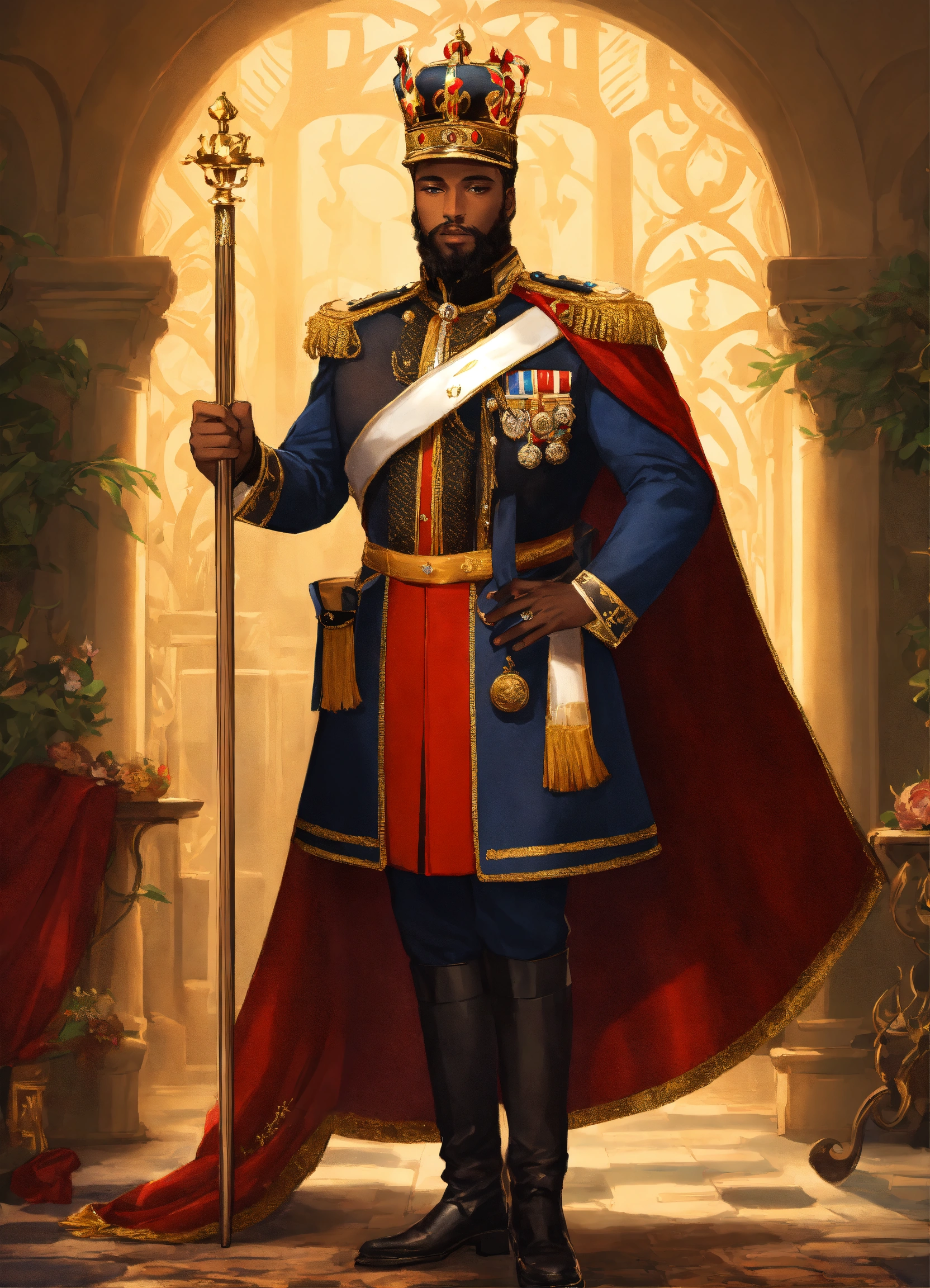 Lexica - A royal black king with a beautiful crown in uniform full body