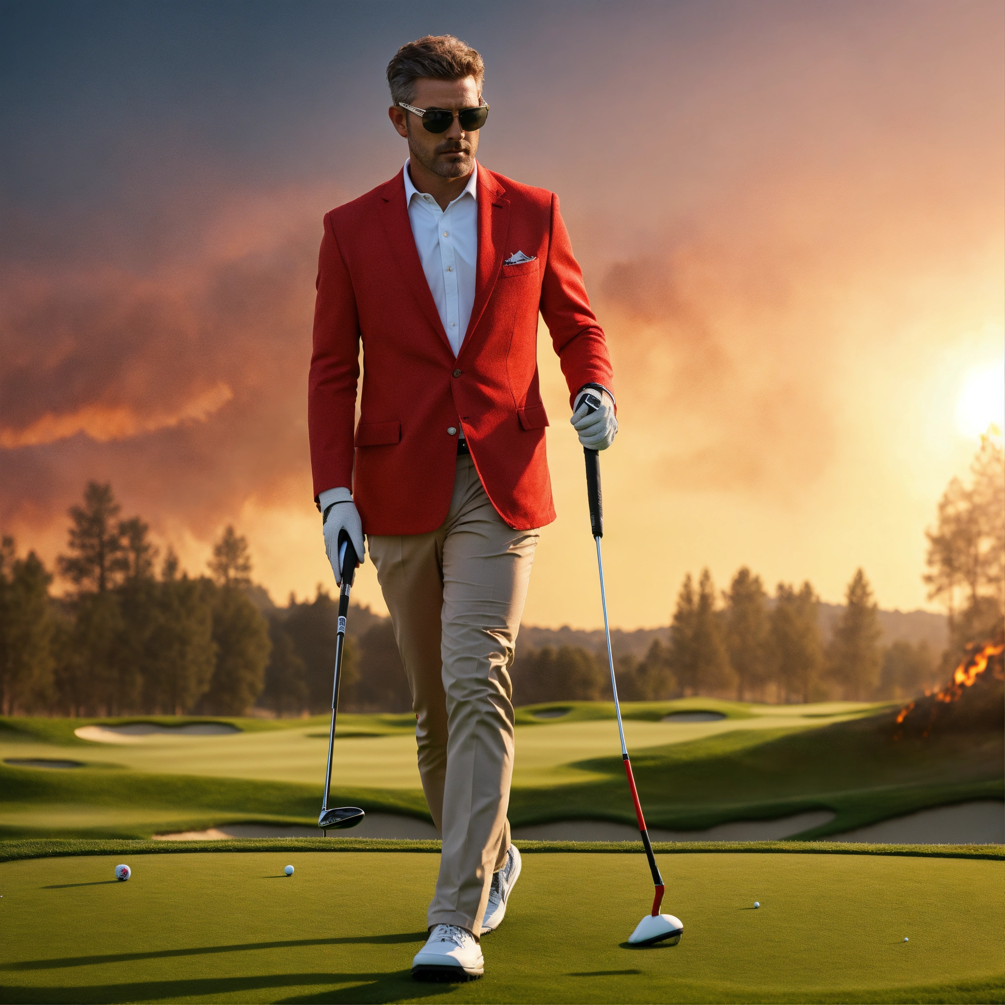 Lexica - 4k hd ultra realistic man red blazer, sunglasses. Holding golf ...
