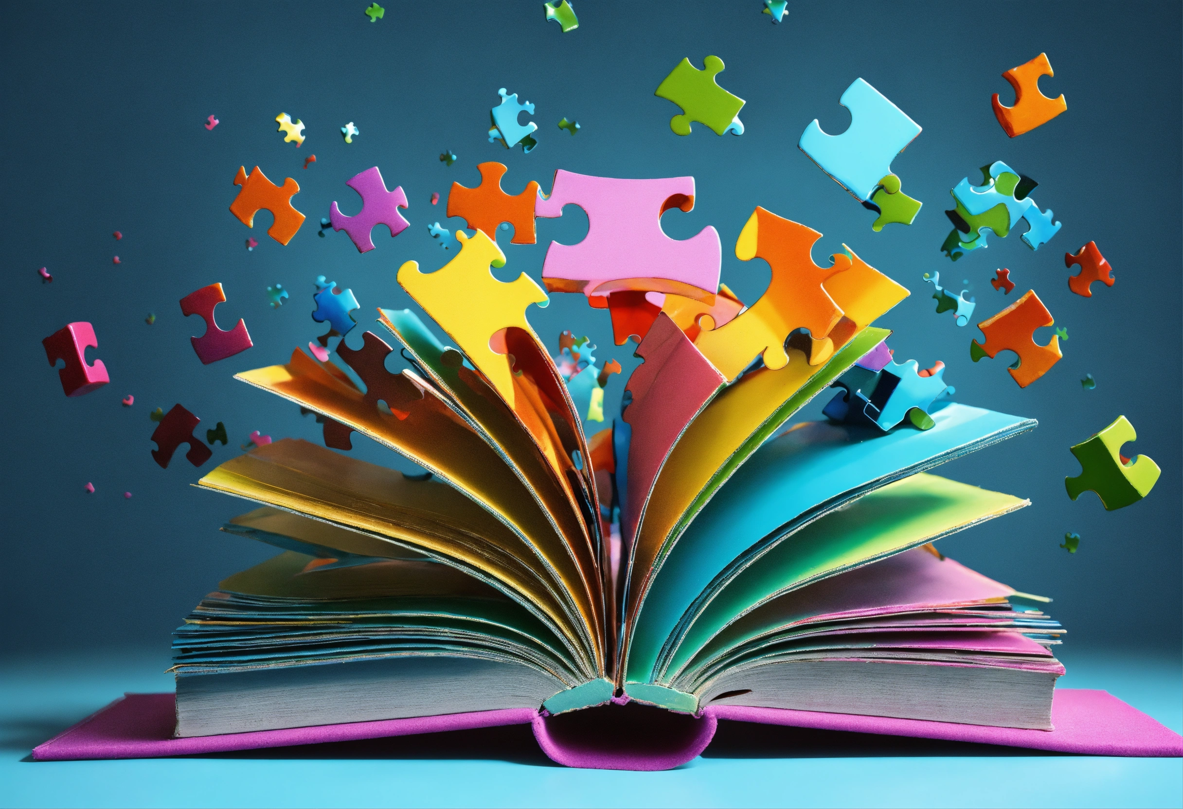 Lexica - Book open fully. Puzzle pieces flying out. Colorful. Creative ...