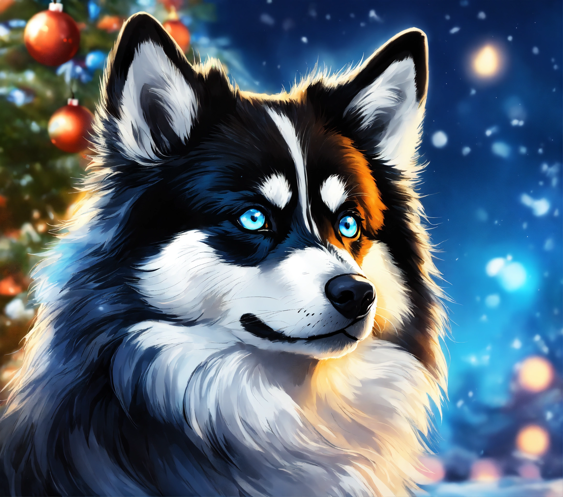 Lexica - Illustration of a magnificent black and white pomsky with blue ...