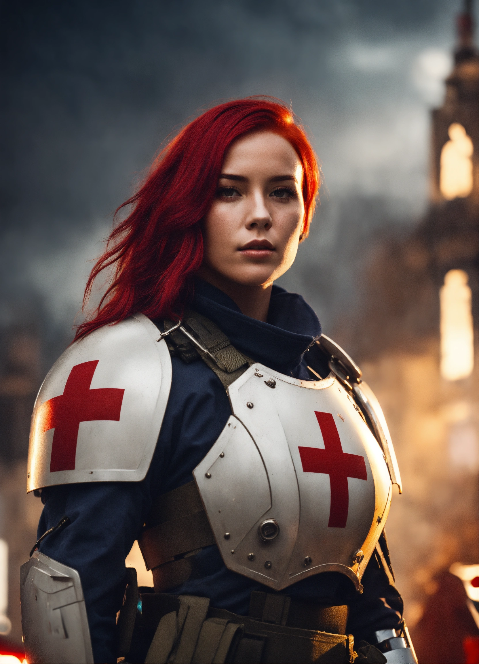 Lexica - Female with red hair and wearing white metal military armor ...