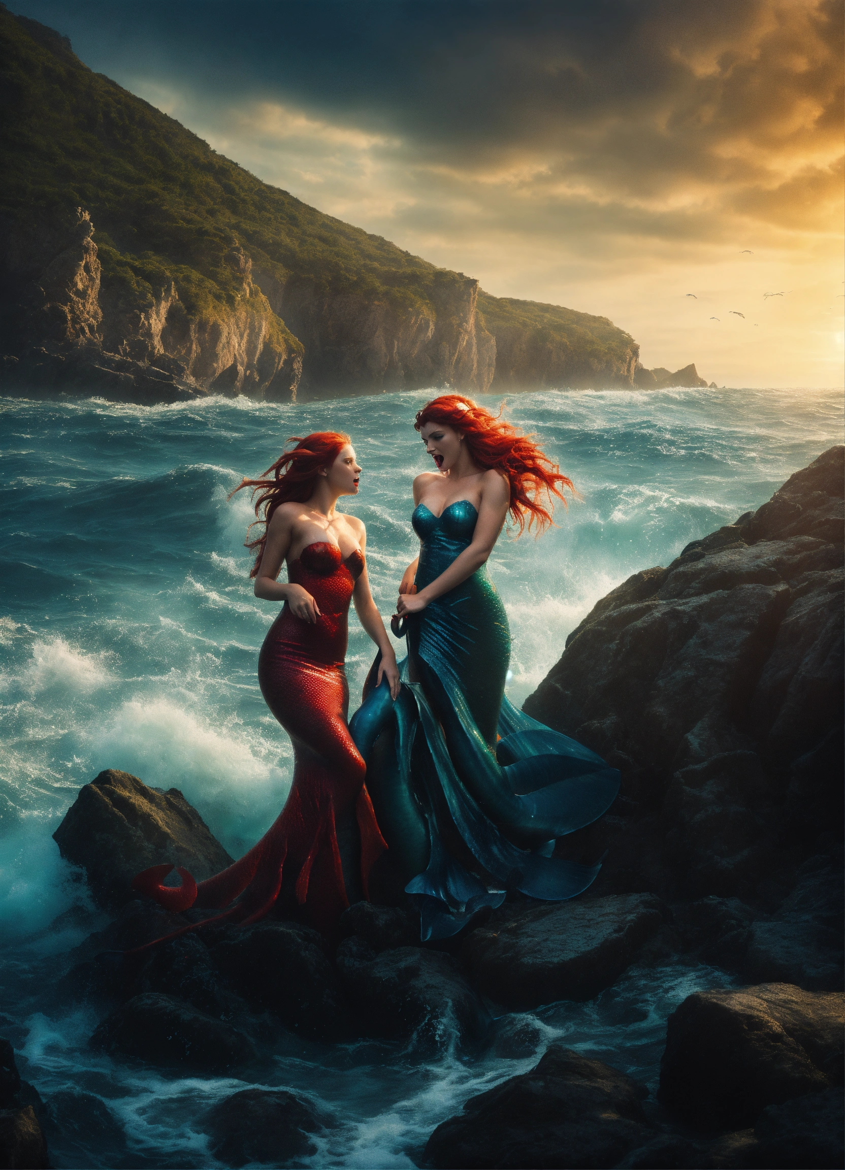 Lexica - Create a 4k detailed photo of two evil (mermaids) fighting with each other. dramatic ...