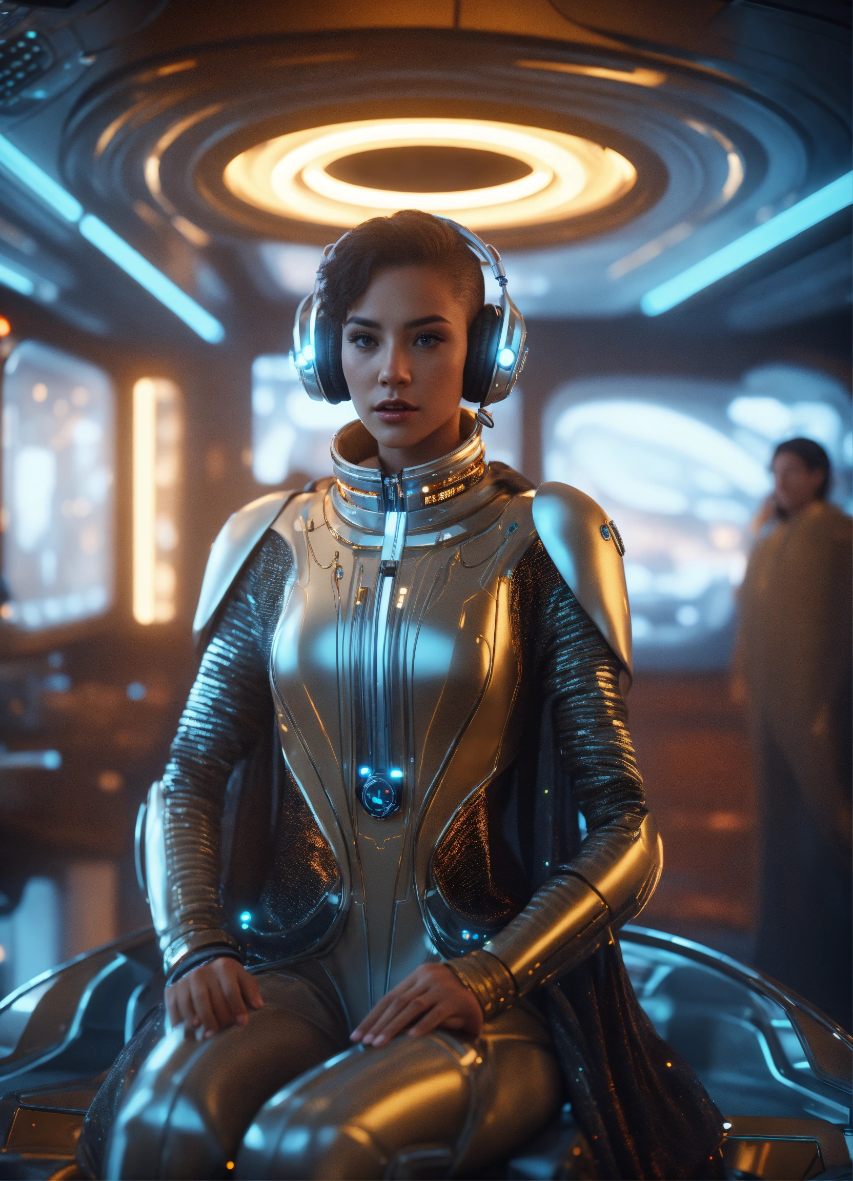 Lexica - Zoom out from a mixed humanoid, wearing a fancy space robe ...