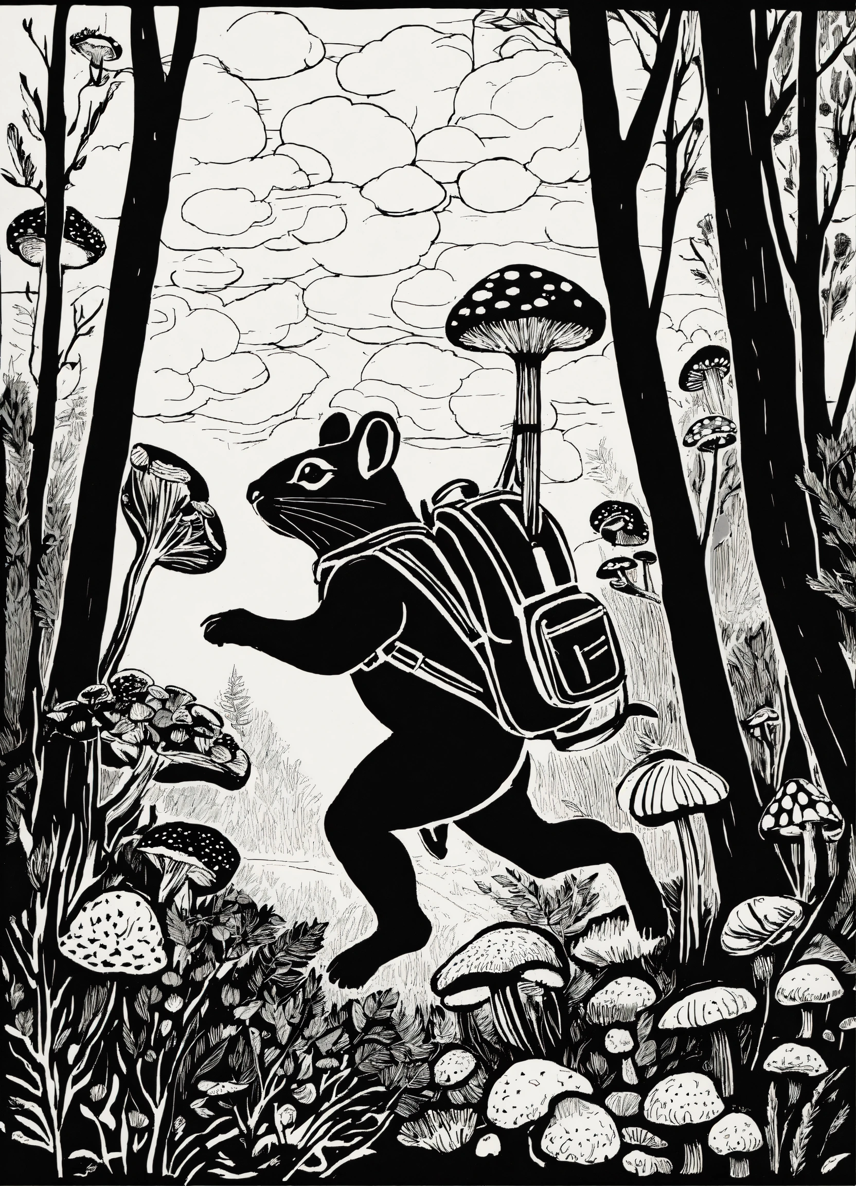 Lexica - Simple black and white linocut. A Chipmunk with a backpack on ...