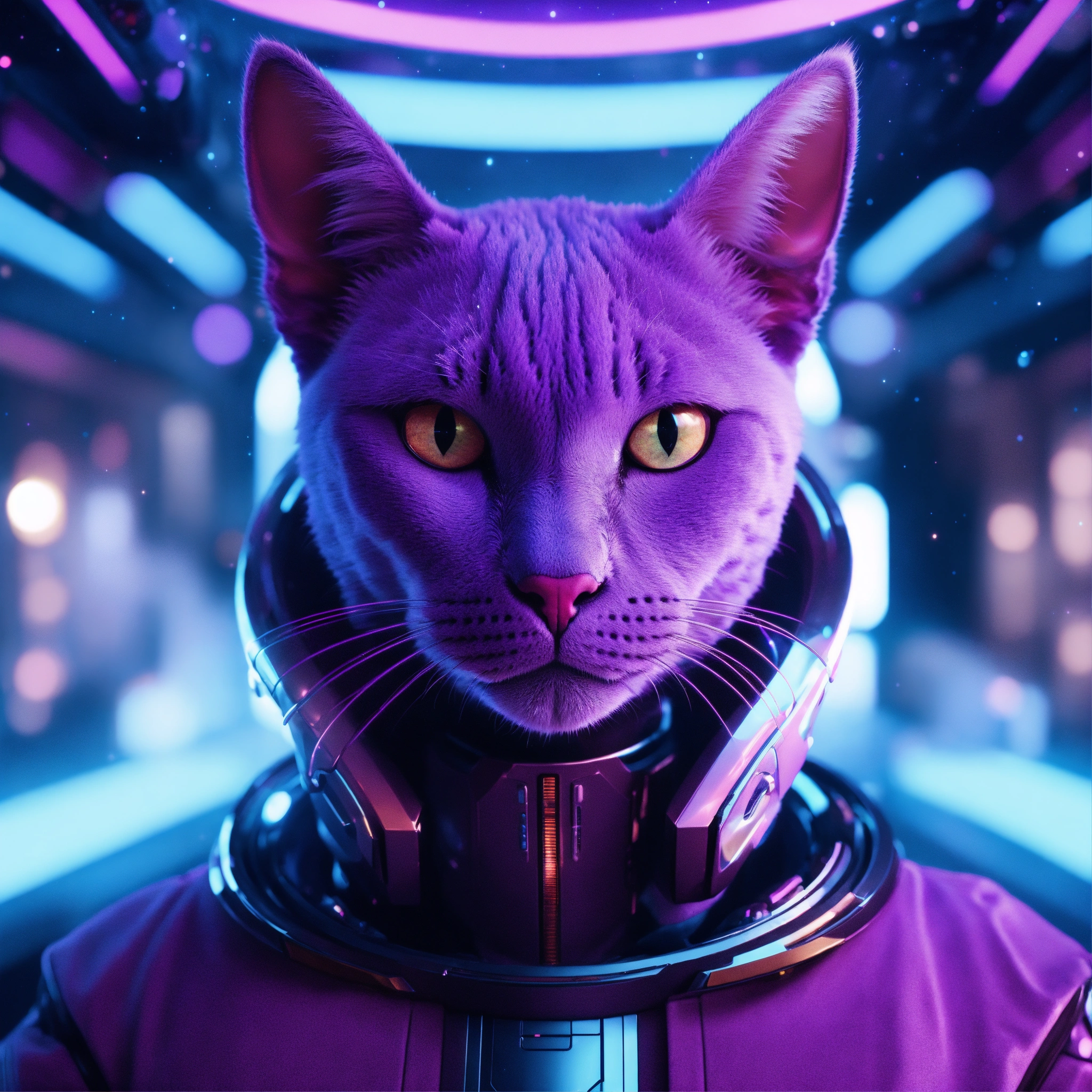 Lexica - Zoom out from a sophisticated purple cat faced humanoid ...