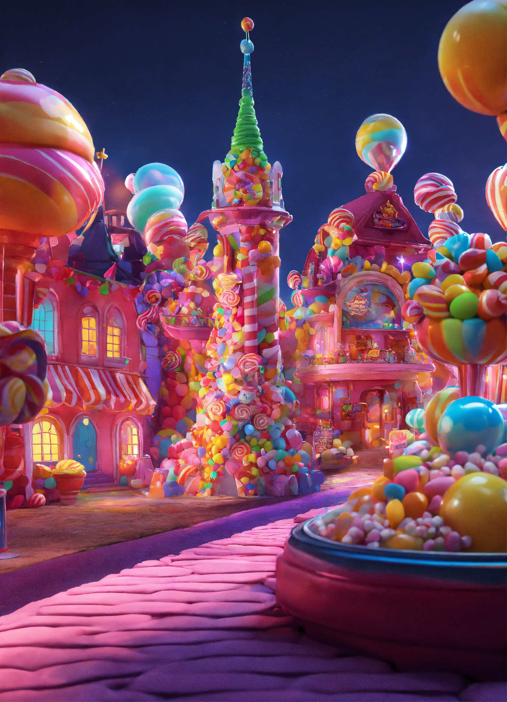 Lexica - Candyland skyline at night, zbrush render, 8k