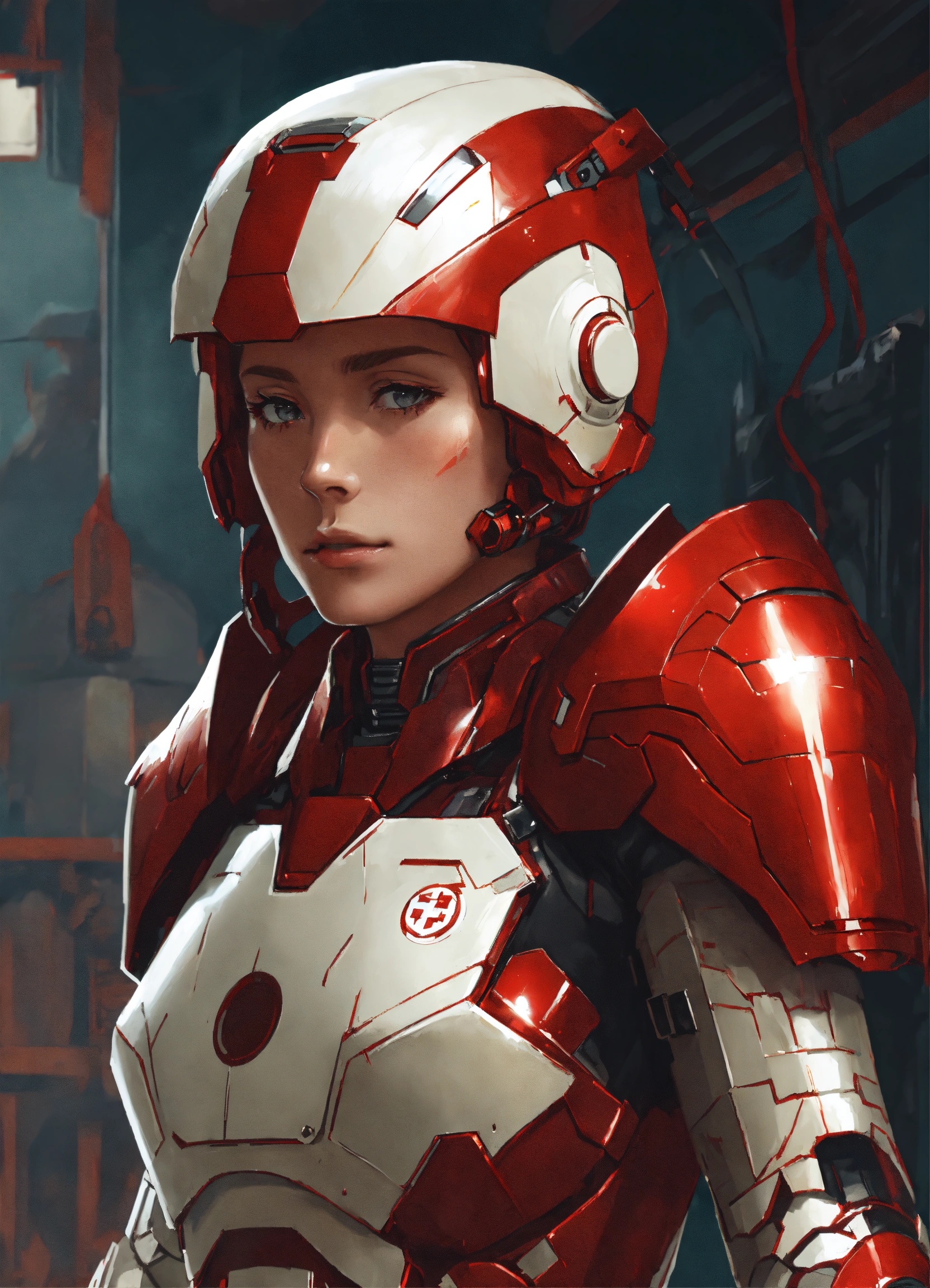 Lexica - Female athletic red hair wearing white metal Iron Man armor ...