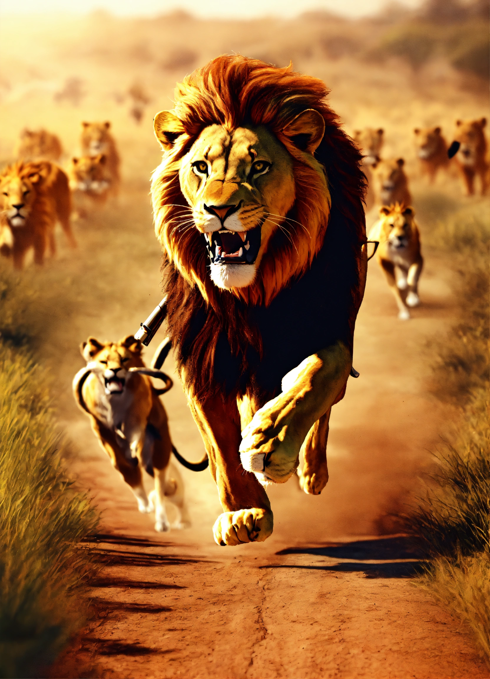 Lexica - 3d cartoon lion chasing men hunters