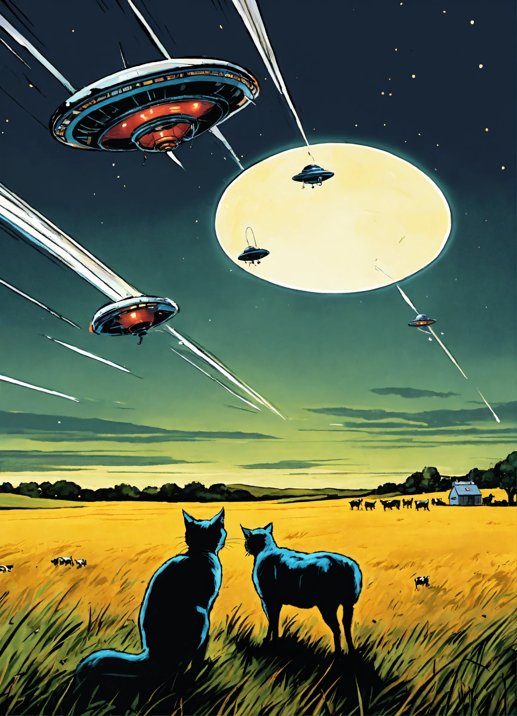 Lexica - Dramatic comic book poster. scared cat up close, in background ...