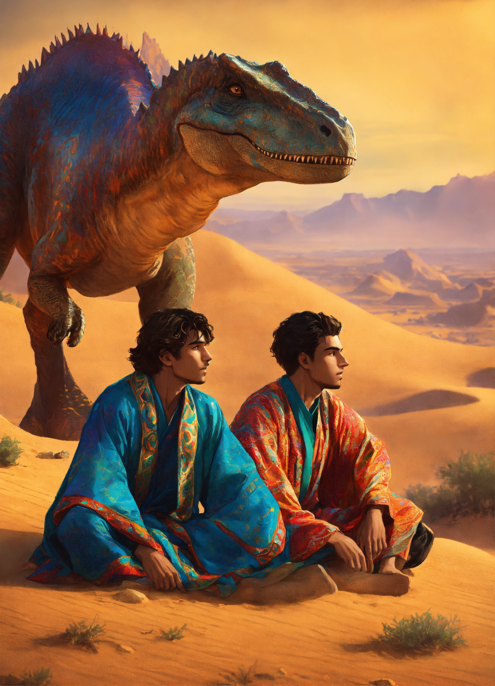 Lexica - "Two young men sit in a barren desert, wearing colorful ...