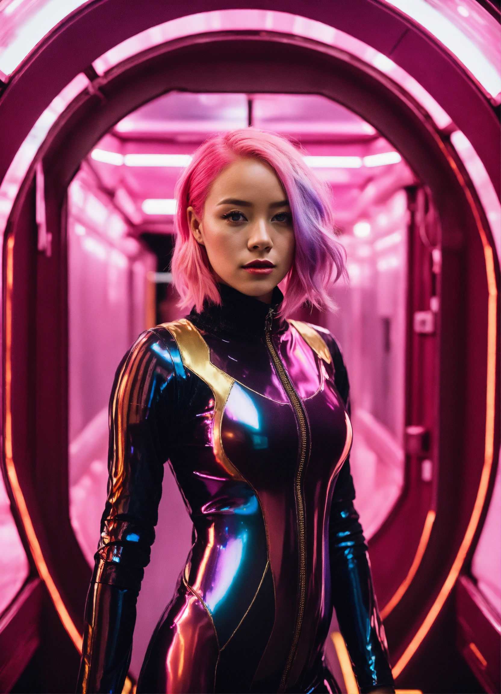 Lexica - An iridescent purple and black steel tight space suit worn by ...