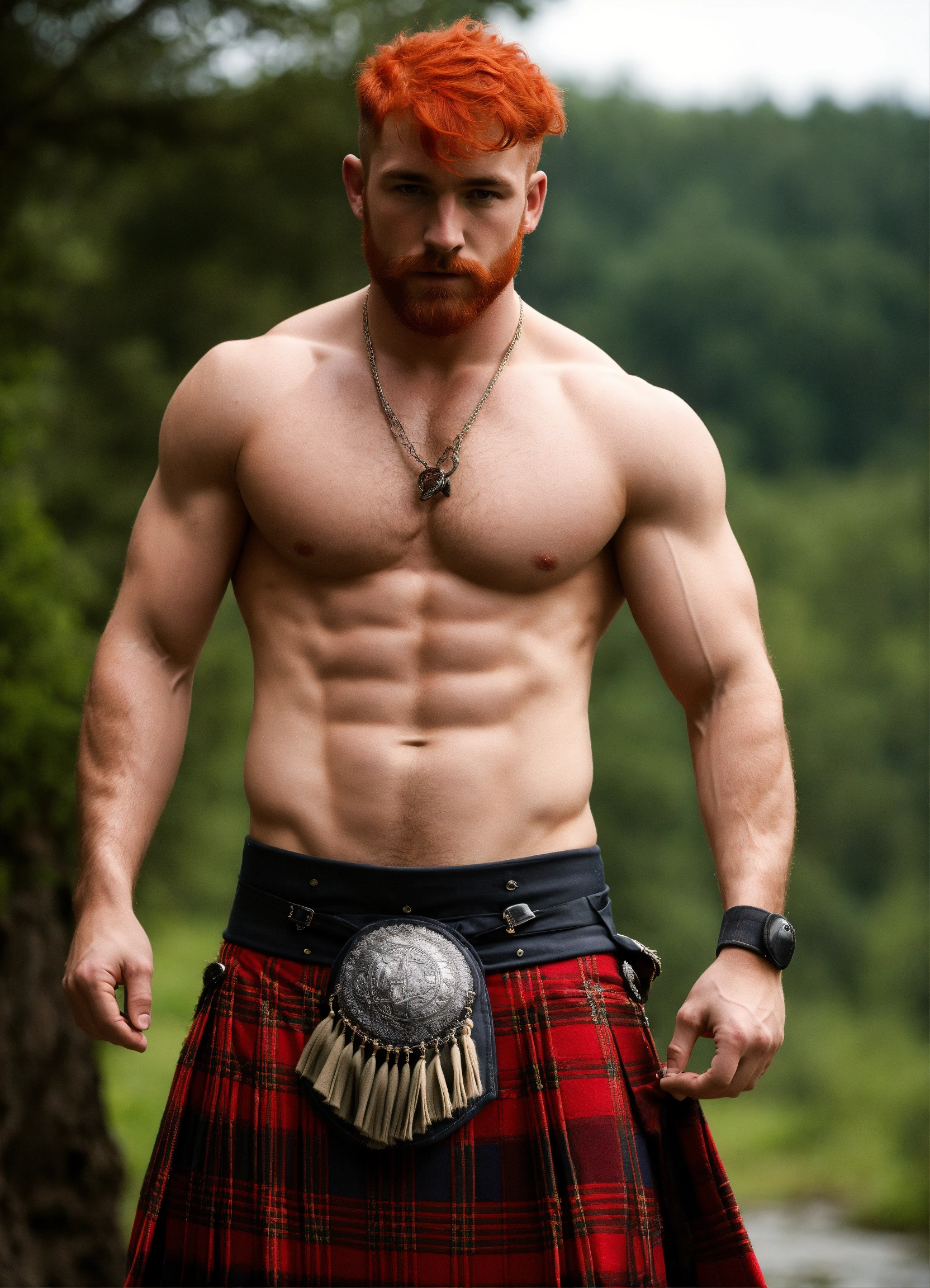 Lexica - A Scotsman in a kilt, shirtless, red hair, athletic
