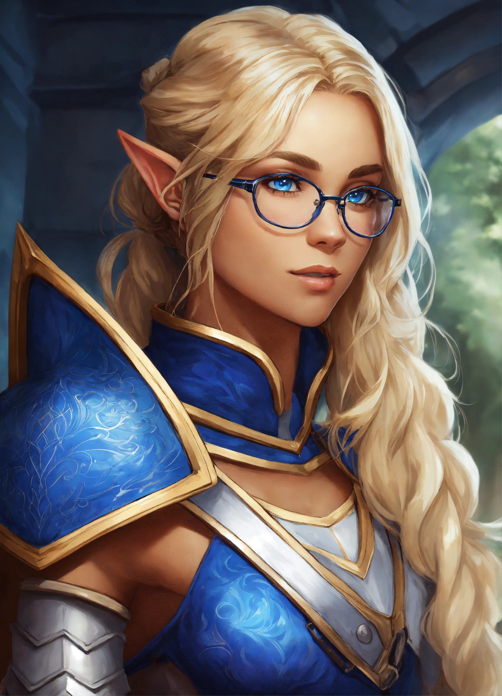 Lexica - A half-elf female with very tanned skin, wearing glasses with deep azure blue eyes ...