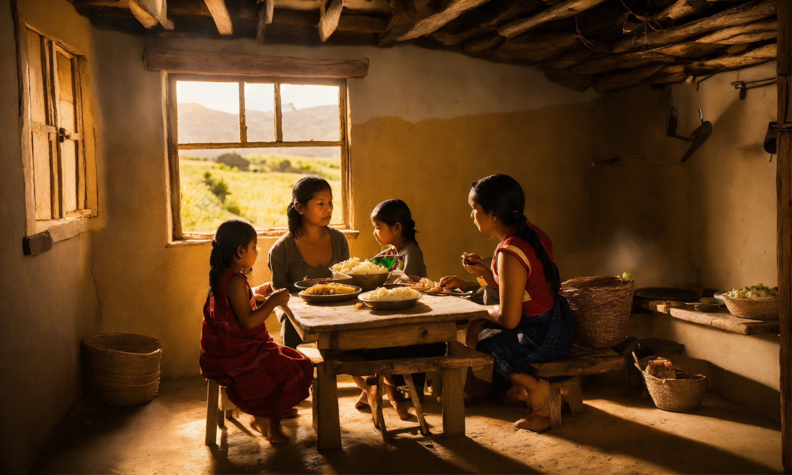 Lexica - In a rural kitchen, a low-income Indigenous family sits at the ...