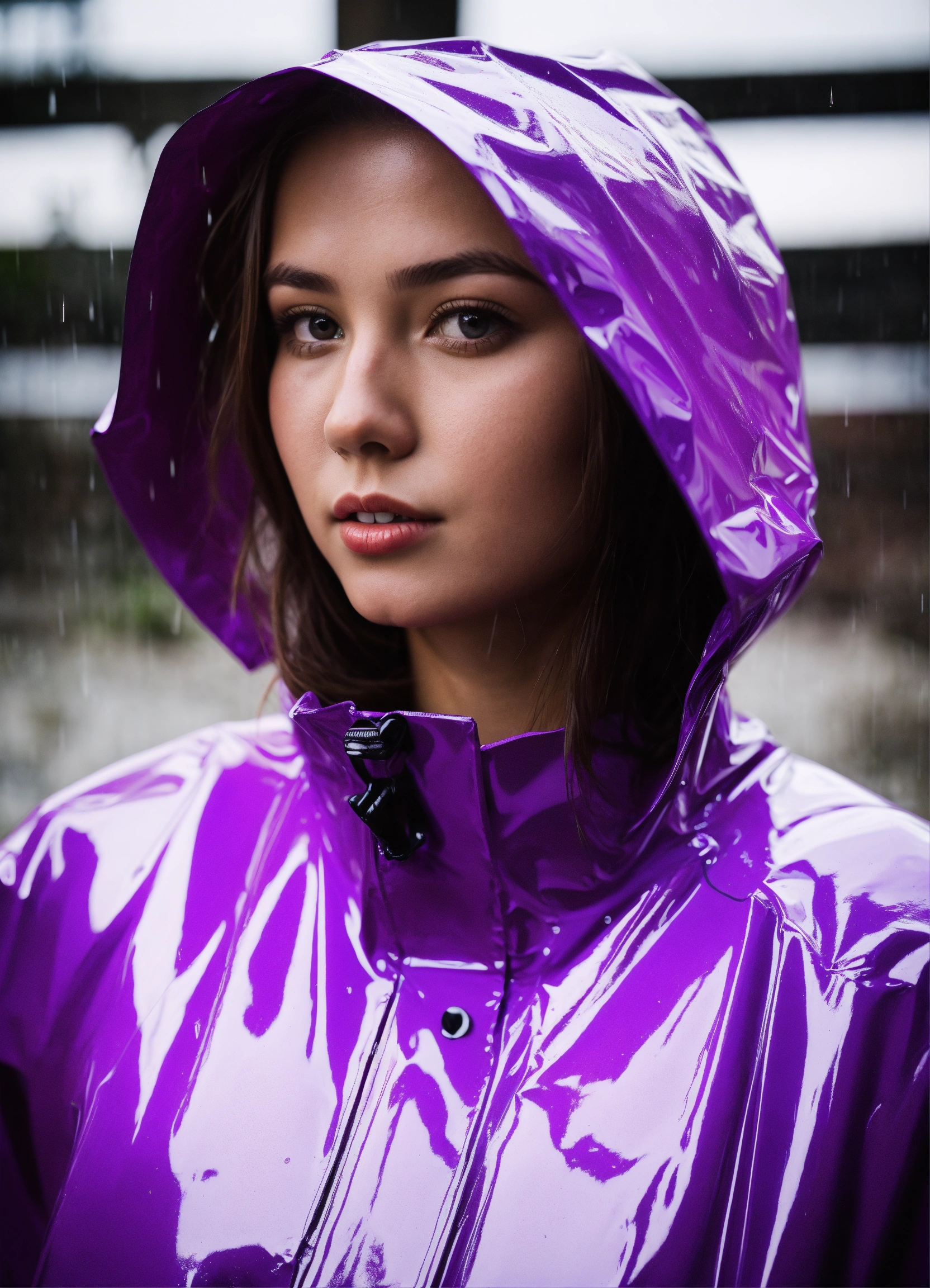 Lexica - Girl in glossy purple rubber rainwear