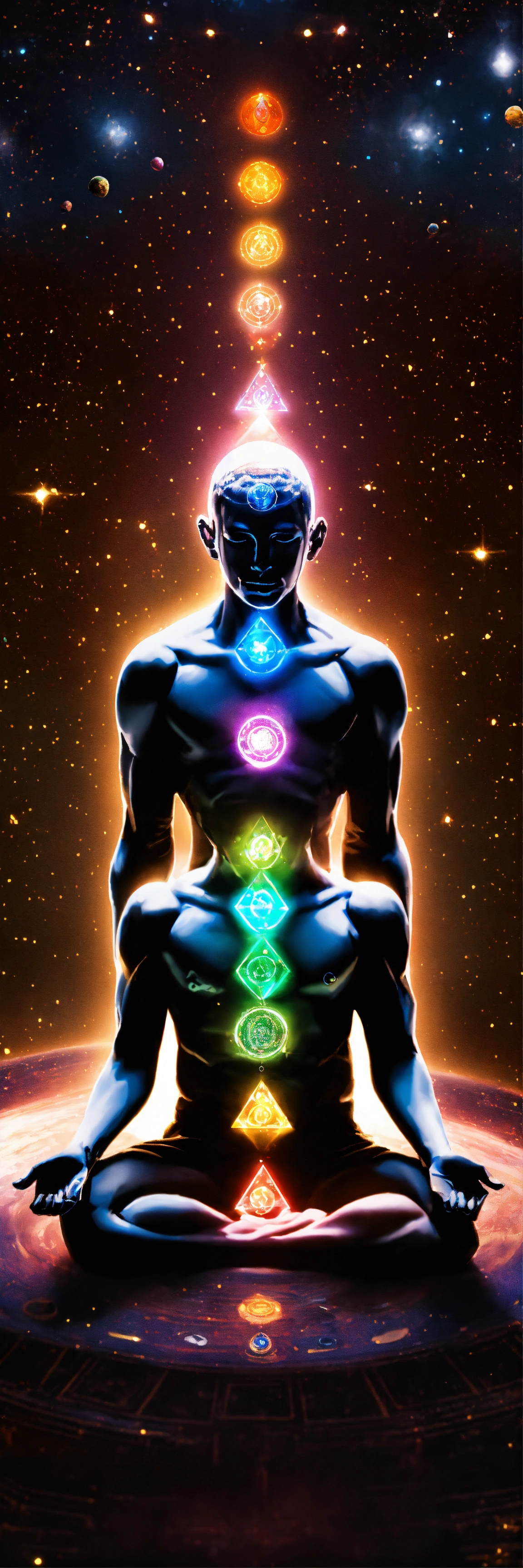 Lexica - Human entity meditating in space showing his chakras, clear ...