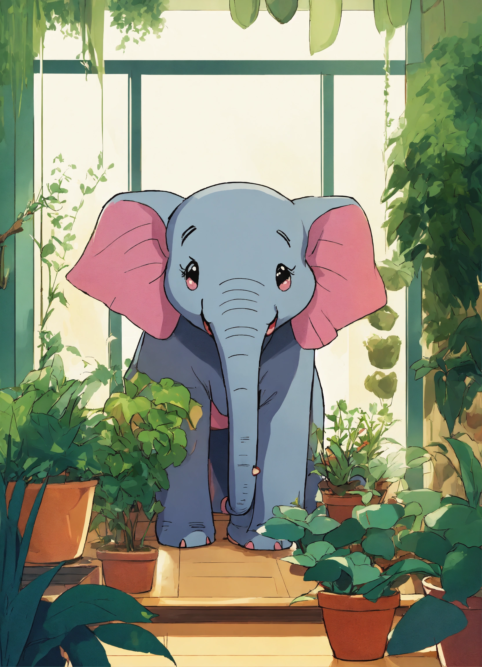 Lexica - Headshot of happy anime elephant in room full of plants