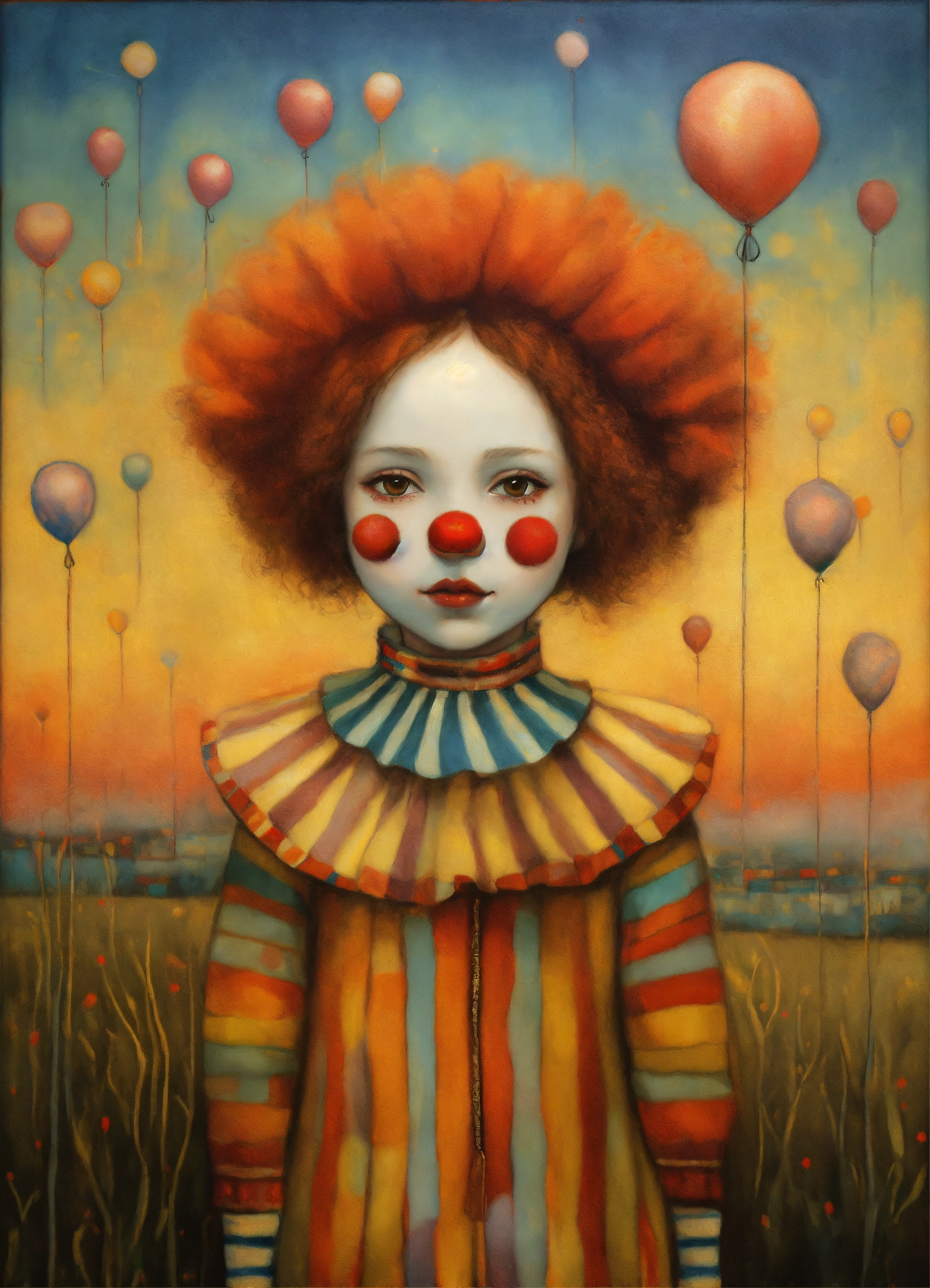Lexica - Amazing girl age 5 Clown wearing clown costume in the sunset ...