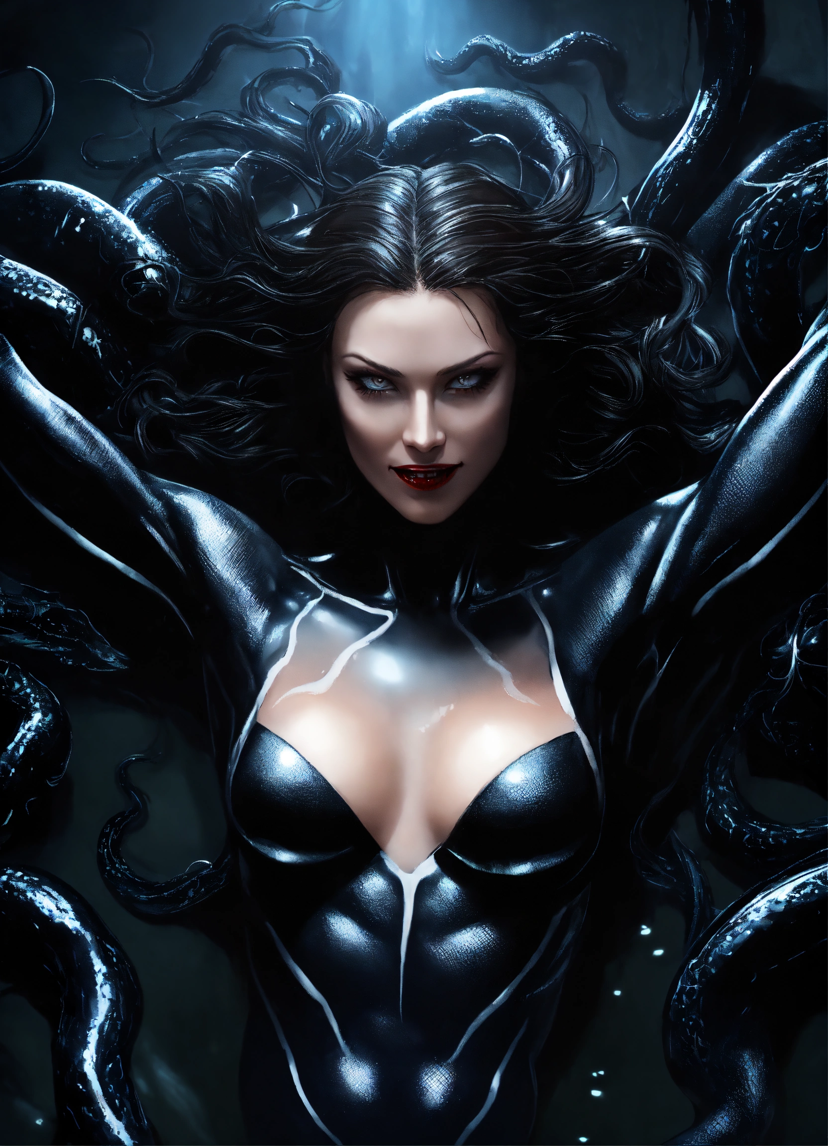 Lexica - An ultrarealistic full body photograph of woman venom symbiote, laying in dark black ...